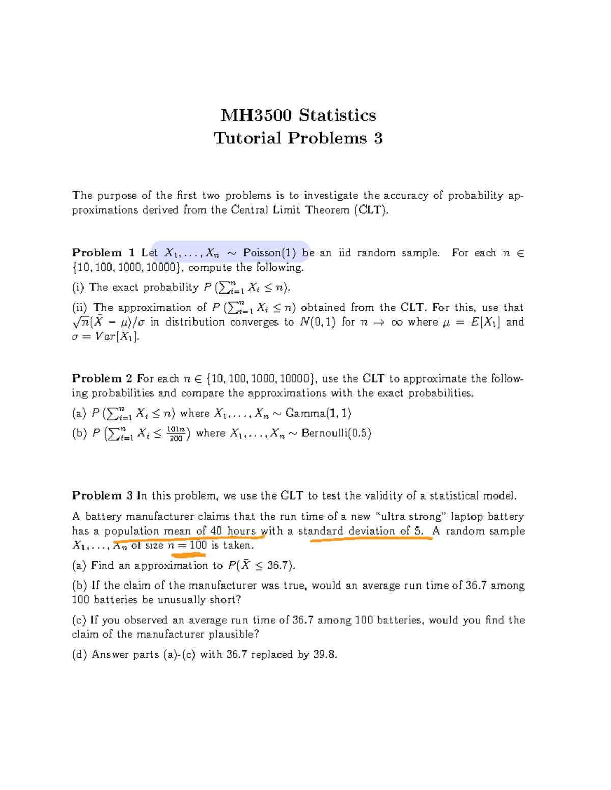 Tutorial 3 MH3500 Notes - MH3500 Statistics Tutorial Problems 3 The ...