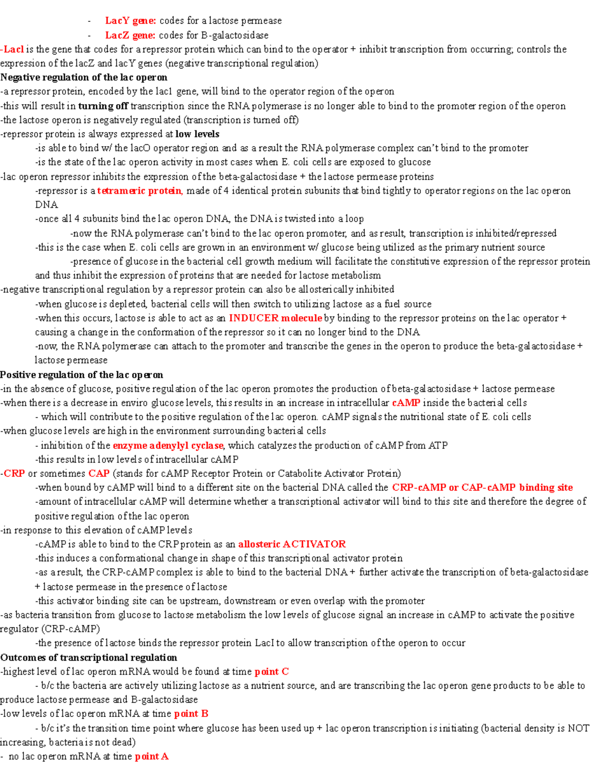 Copy of BIO1A03 Midterm 2 Review Notes - LacY gene: codes for a lactose ...