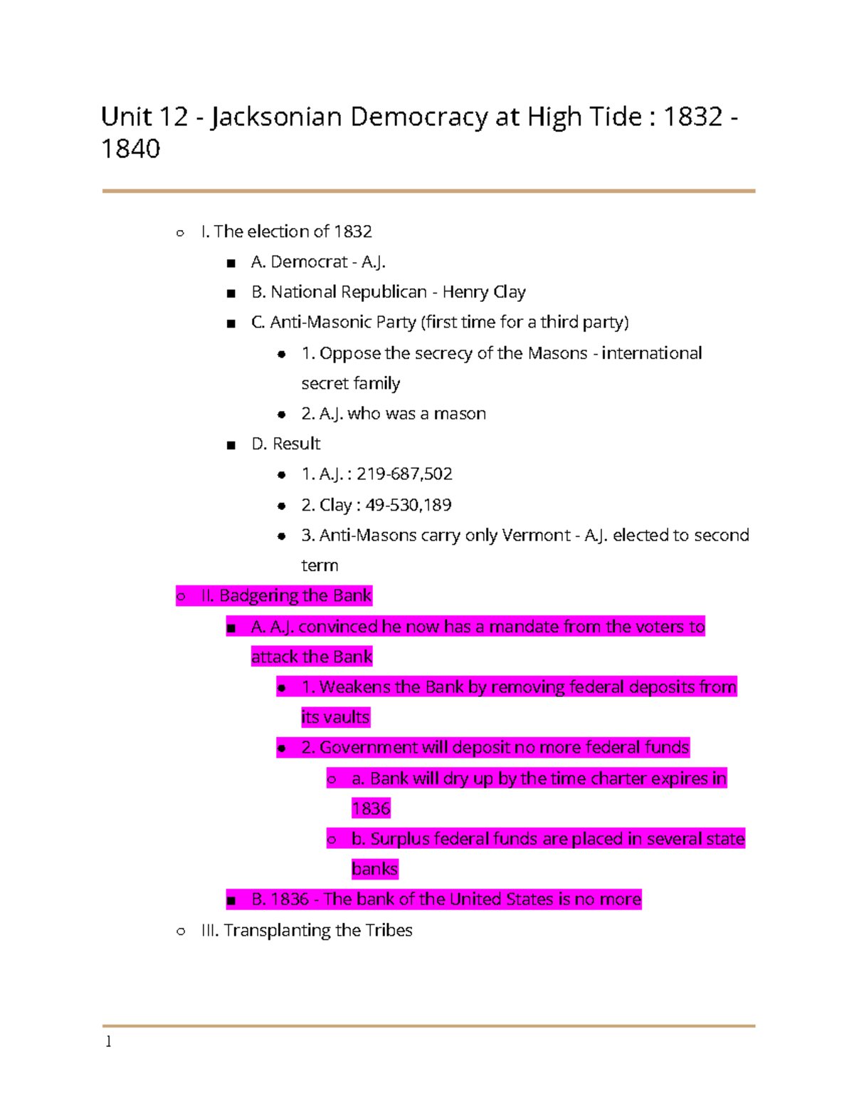 Unit 12: Jacksonian Democracy at High Tide - Unit 12 - Jacksonian ...