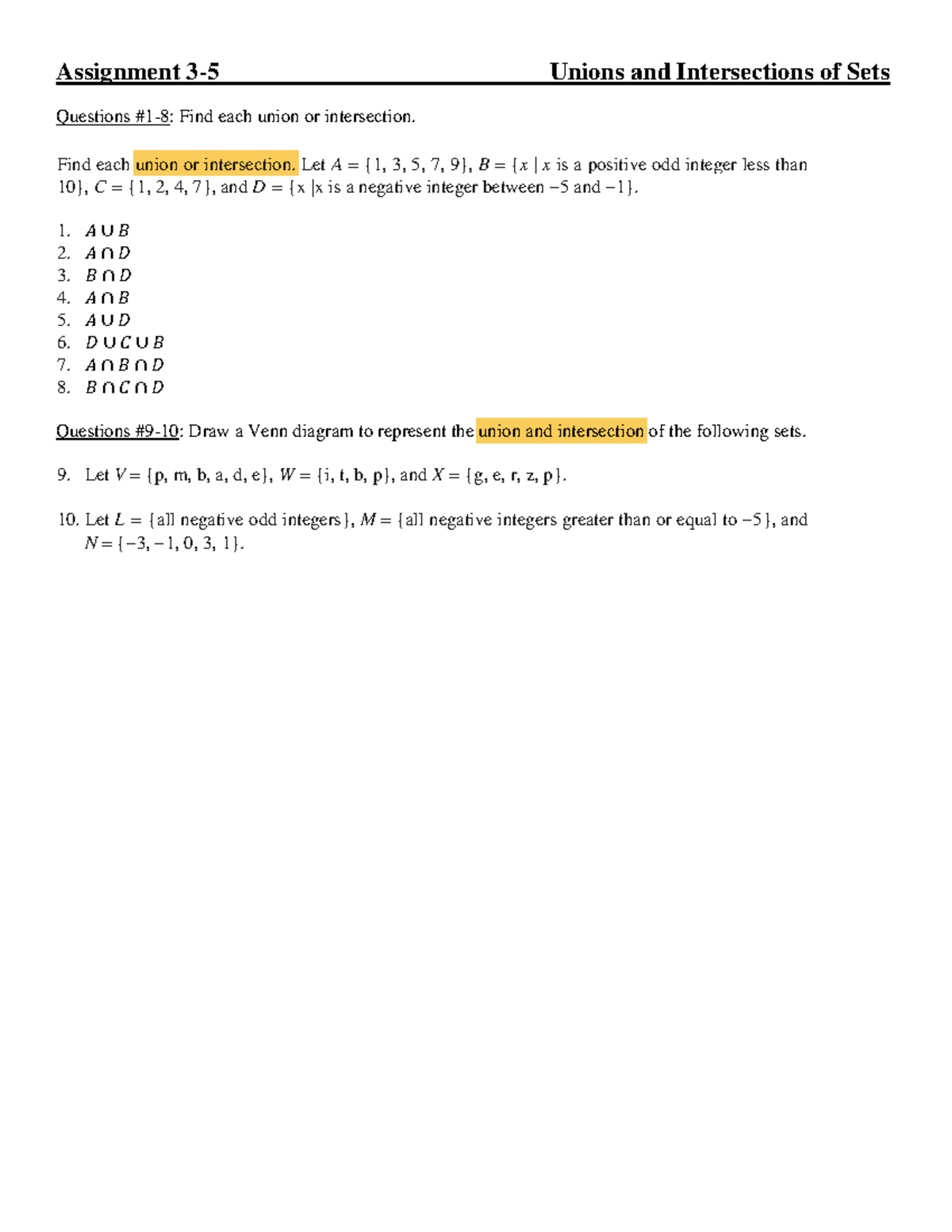 Assignment 3-5 (Scanned) - Assignment 3-5 Unions and Intersections of ...
