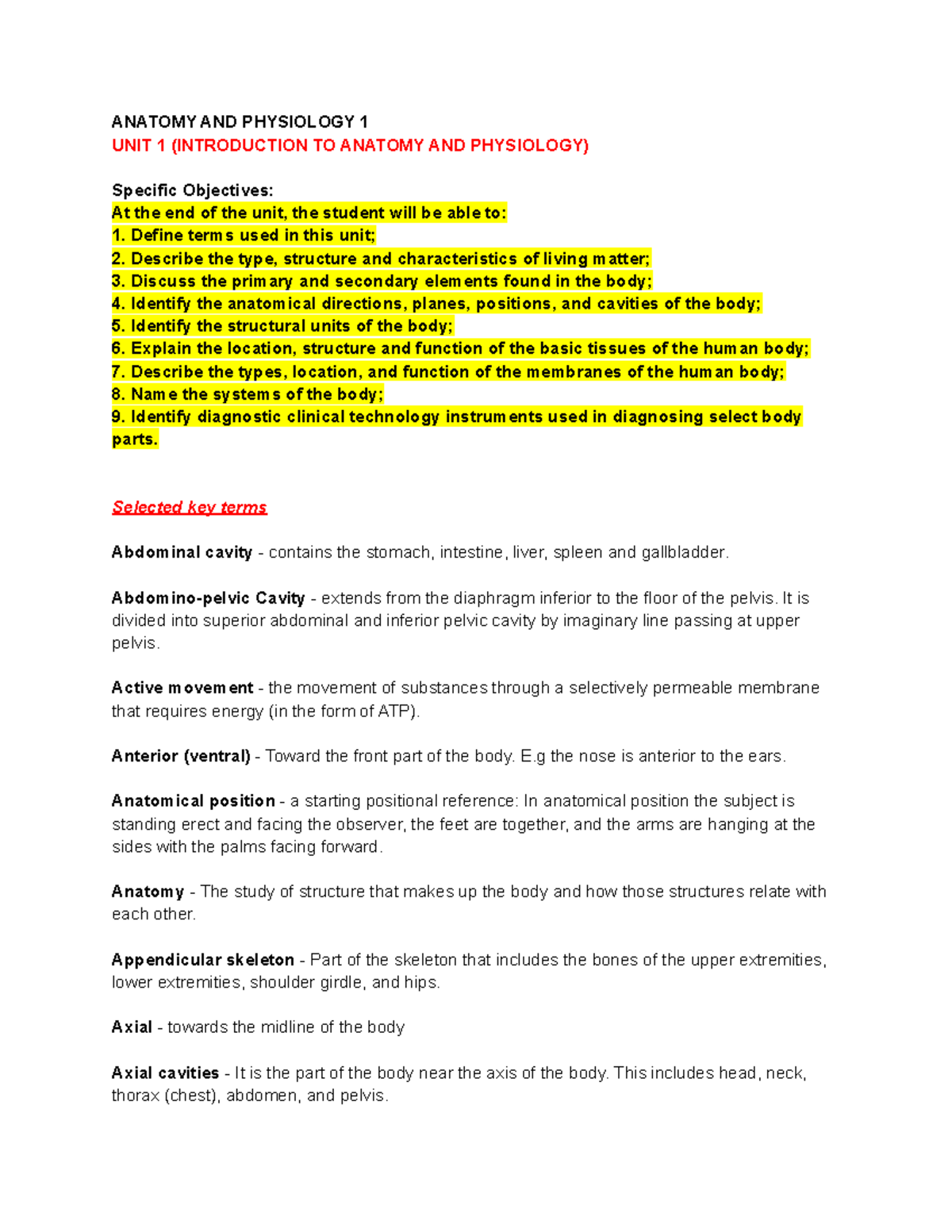 Anatomy AND Physiology 1 - ANATOMY AND PHYSIOLOGY 1 UNIT 1 ...