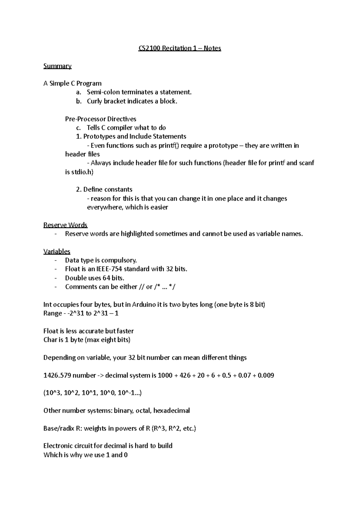 CS2100 Recitation 1 - Semi-colon terminates a statement. b. Curly ...