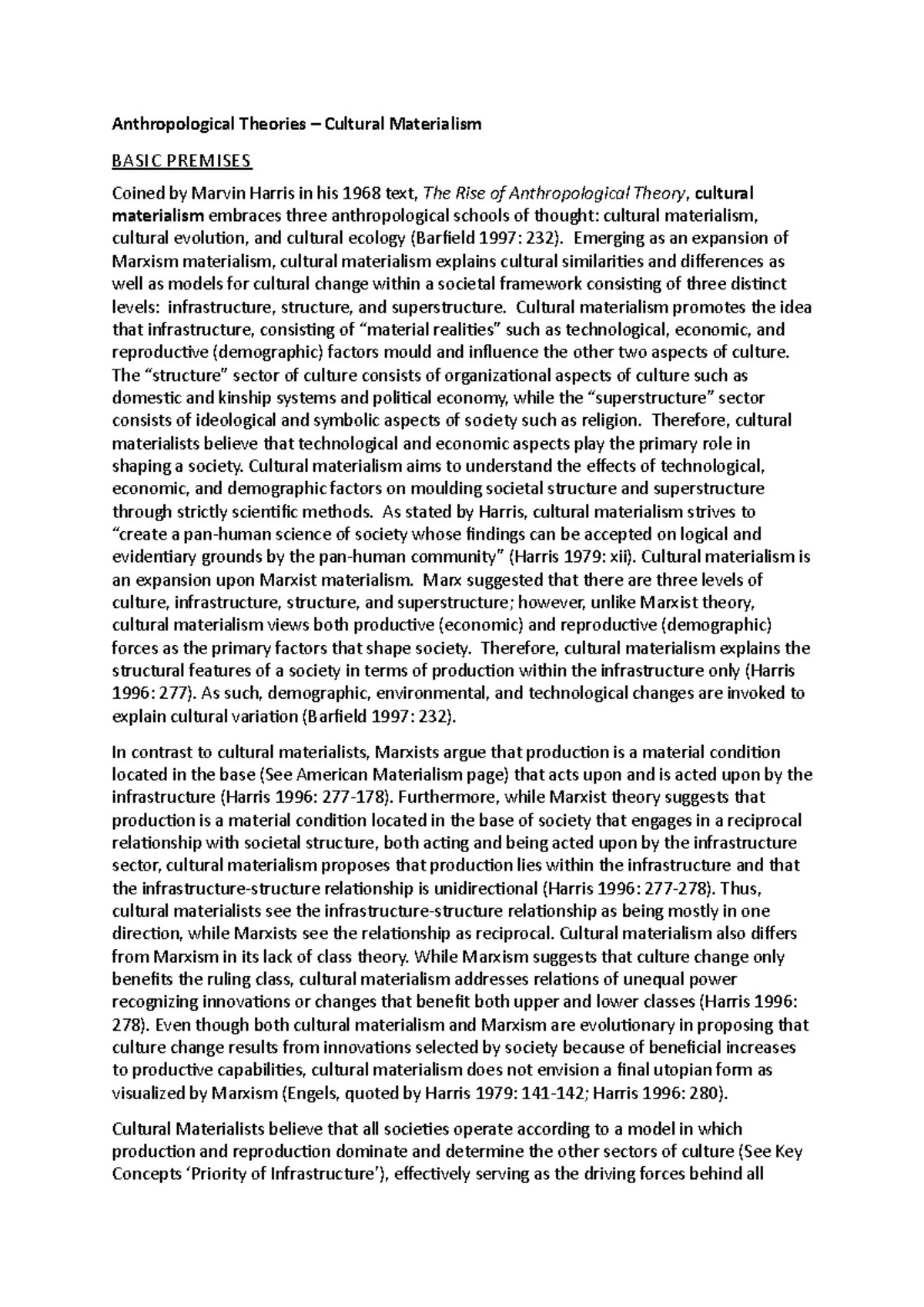 Cultural Materialism - Grade: A - Anthropological Theories – Cultural ...