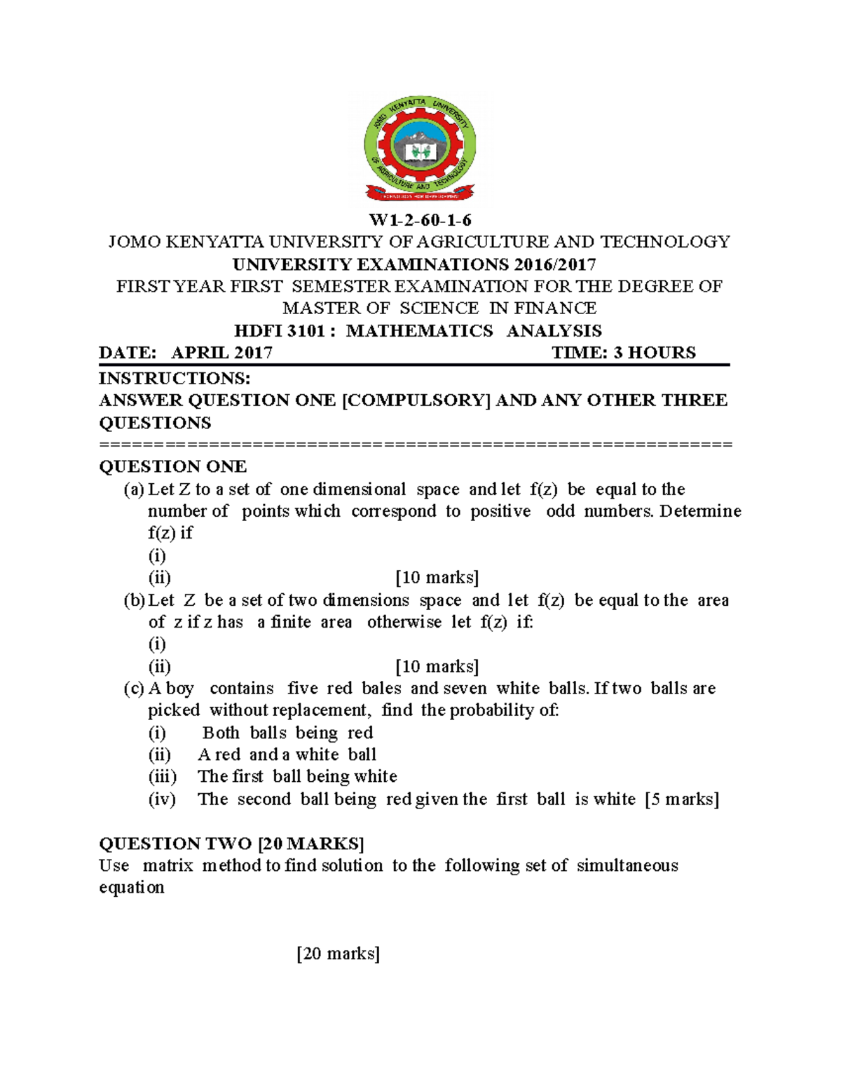 HDFI 3101 Mathematics Analysis - W1-2-60-1- JOMO KENYATTA UNIVERSITY OF ...