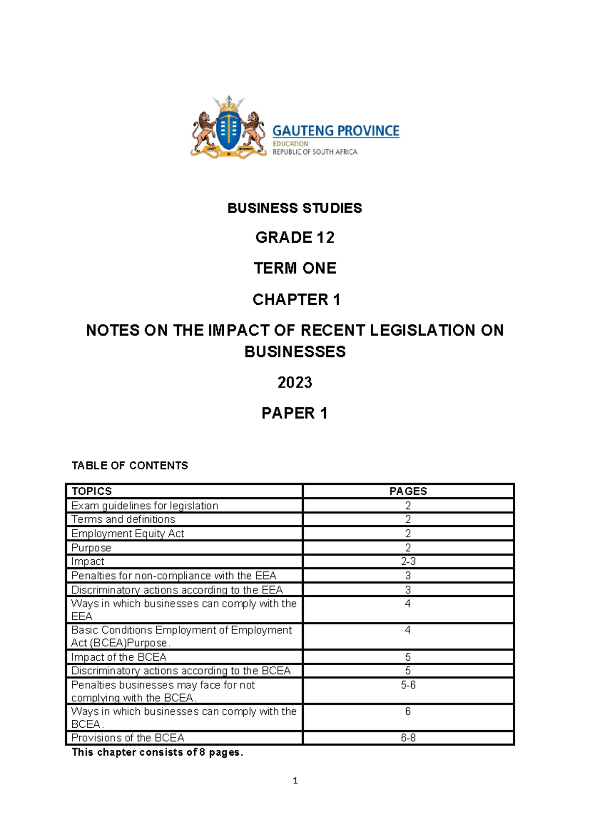 2023 GR 12 WEEK 2 Notes ON Legislation - BUSINESS STUDIES GRADE 12 TERM ...
