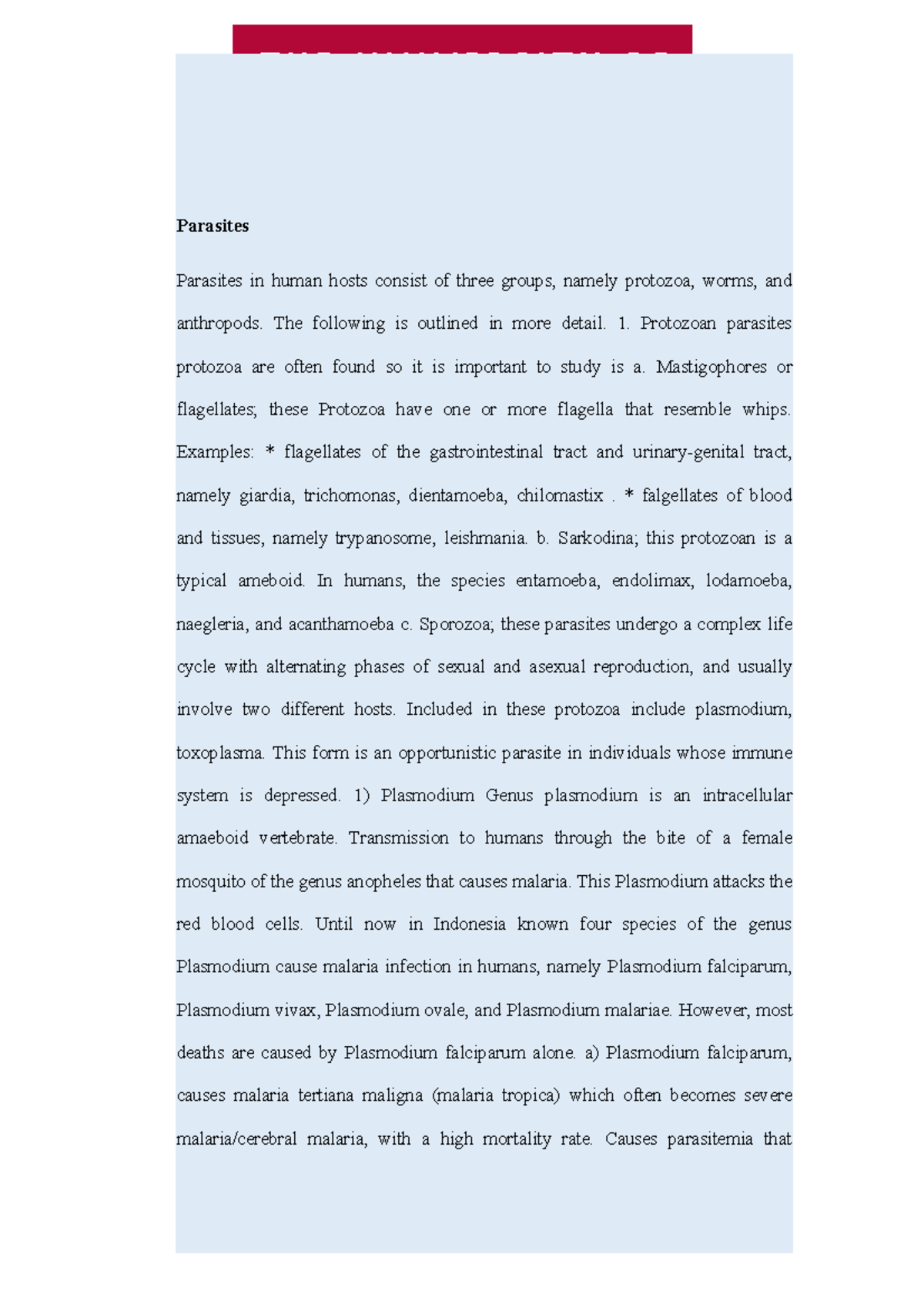 Notes Biology - Parasites - Parasites Parasites in human hosts consist ...