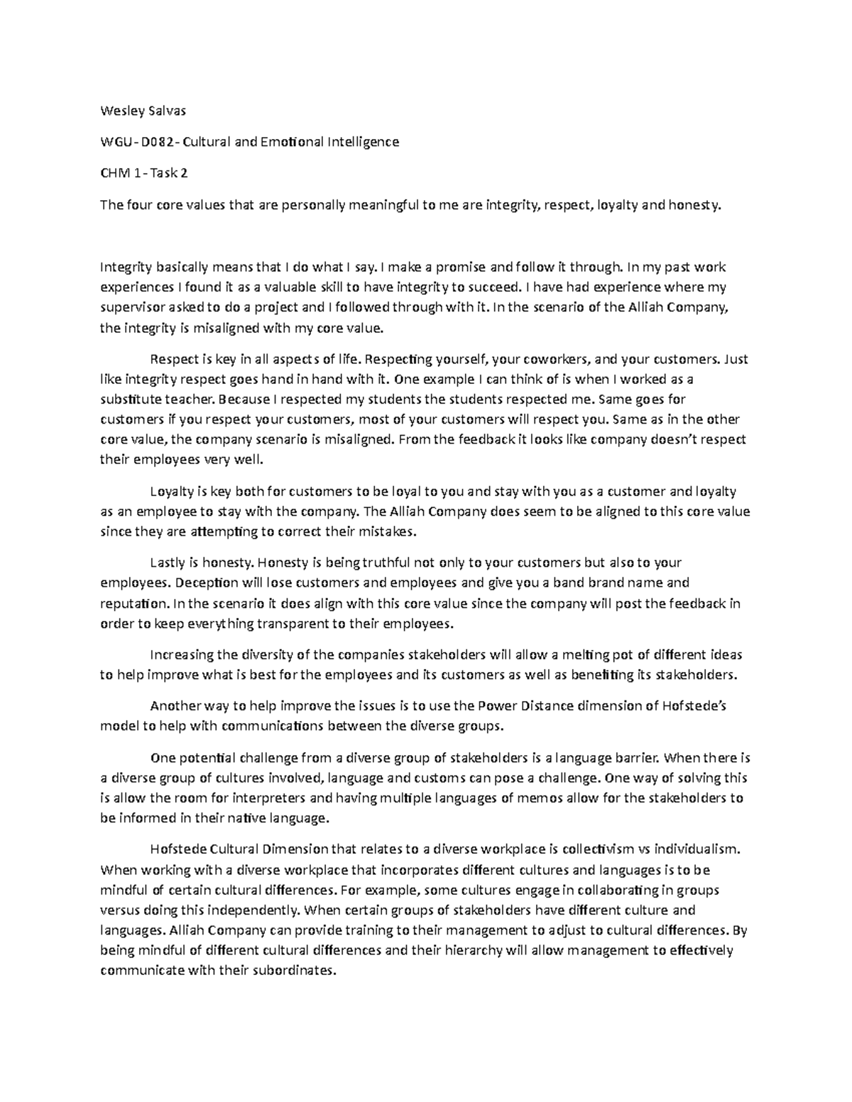 Essay 2 - Task 2 - Wesley Salvas WGU- D082- Cultural and Emotional ...