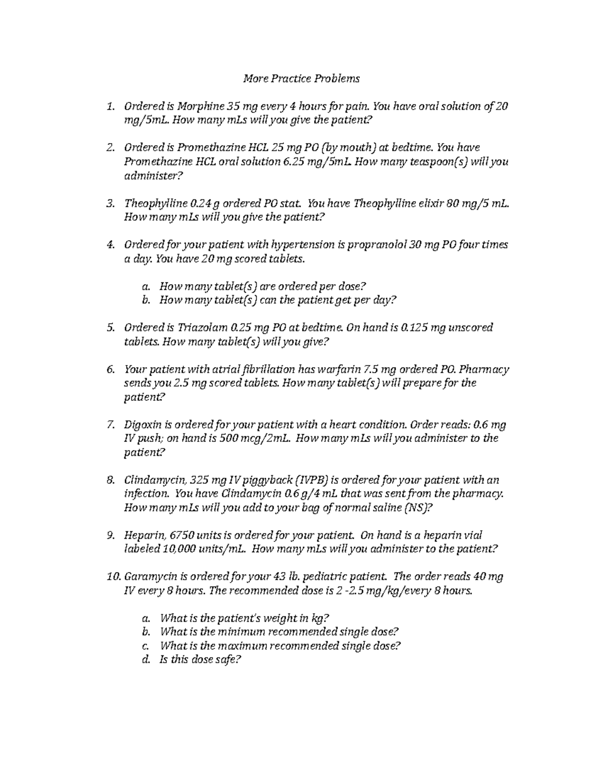 Practice Problems - Math - More Practice Problems Ordered is Morphine ...