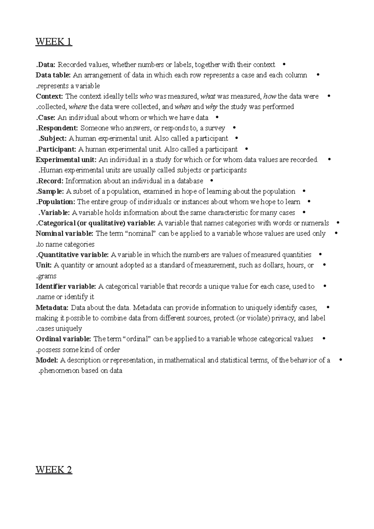 Statsdoc - the first 5 chapters - WEEK 1 .Data: Recorded values ...