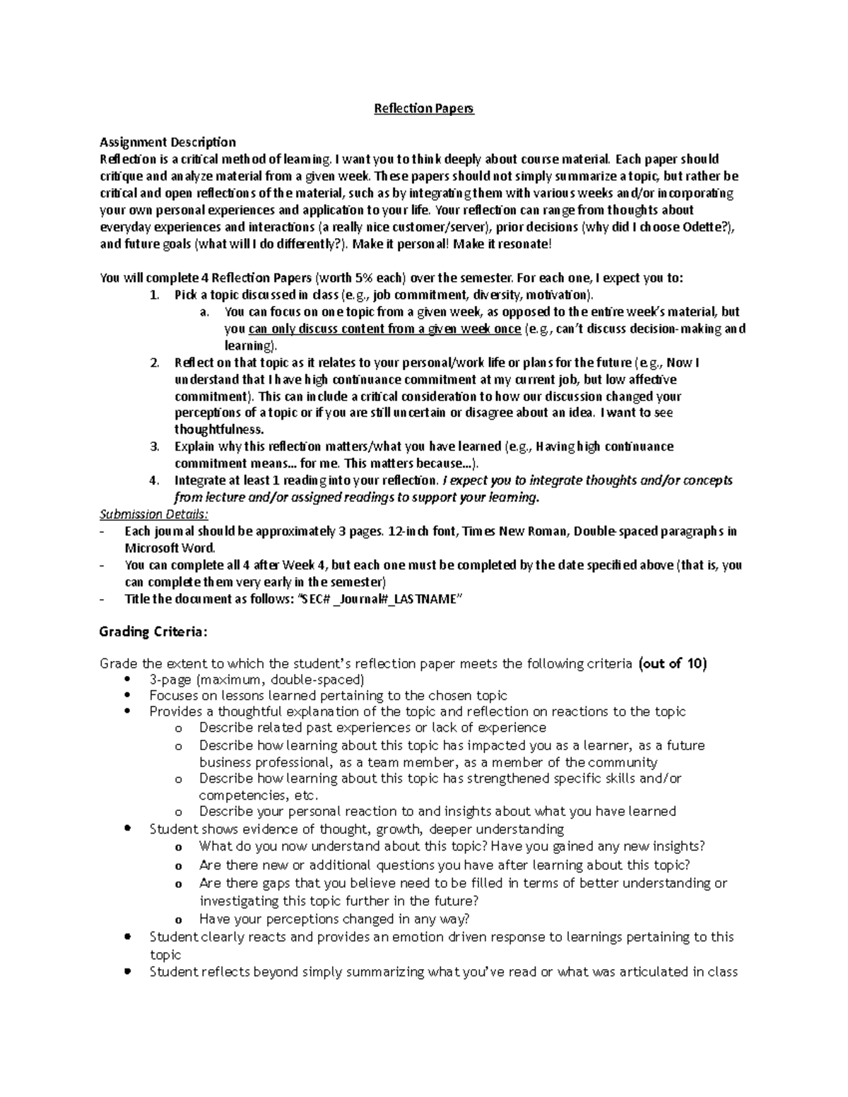 Reflection Paper Grading Criteria - U of W - Studocu