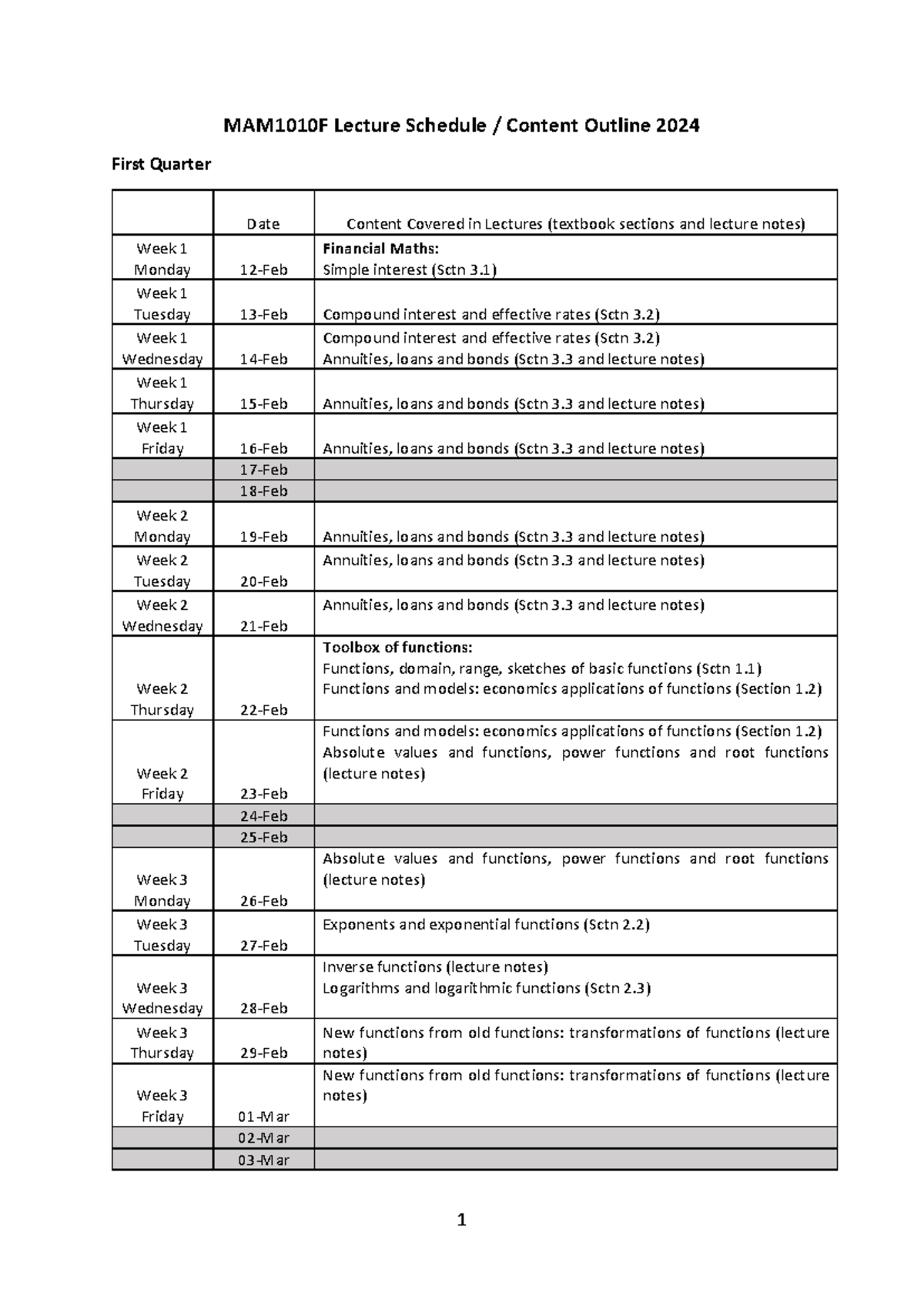 MAM1010F Lecture Schedule 2024 - Studocu
