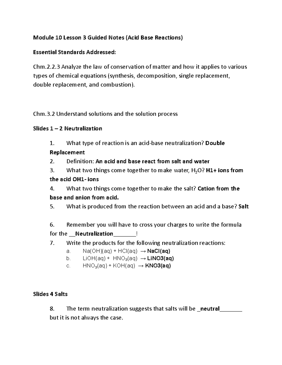 M10L3N - bbbb - Module 10 Lesson 3 Guided Notes (Acid Base Reactions ...