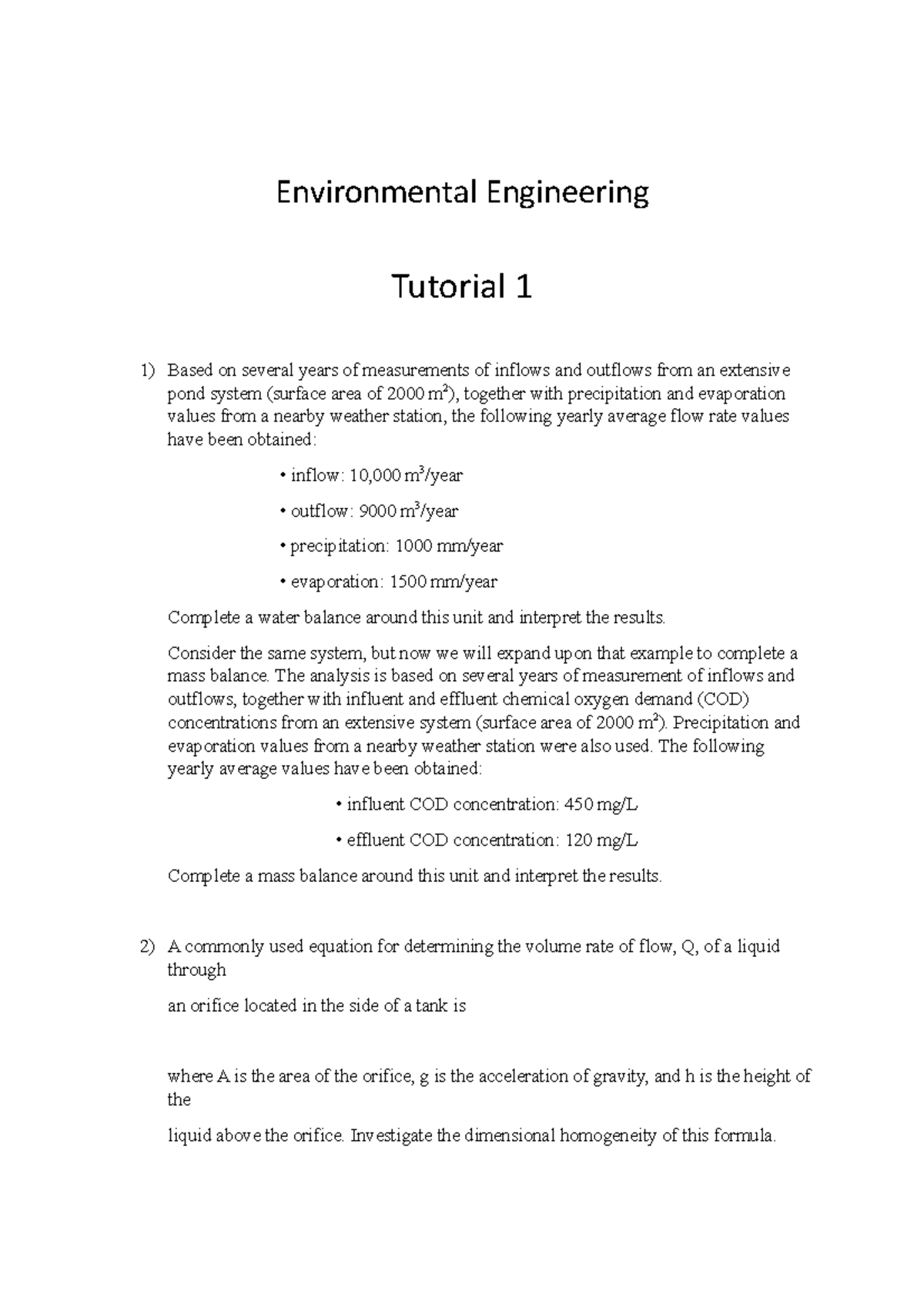Tutorial Week 1 - Environmental Engineering Tutorial 1 Based on several years of measurements of ...