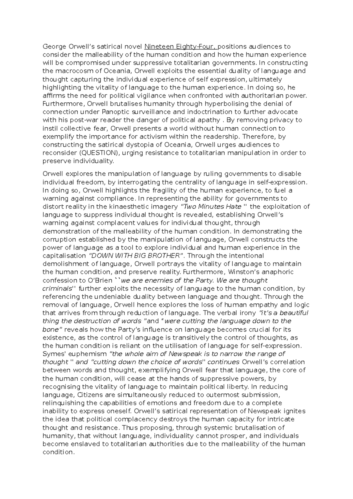 1984 Base Essay - George Orwell’s satirical novel Nineteen Eighty-Four ...