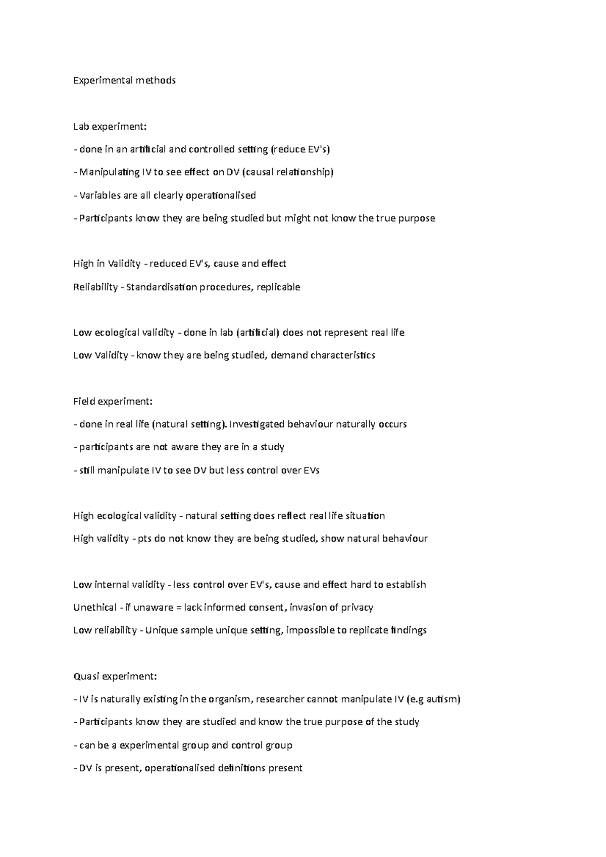 Research method notes - Experimental methods Lab experiment:- done in ...