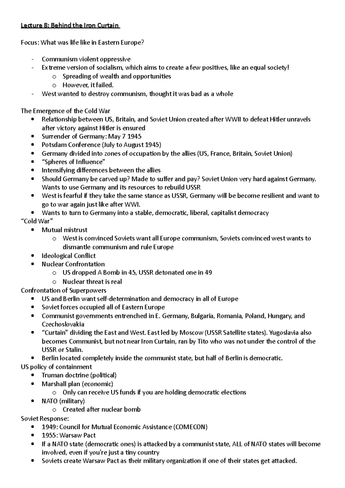 Lecture 8 - Lecture 8: Behind the Iron Curtain Focus: What was life ...