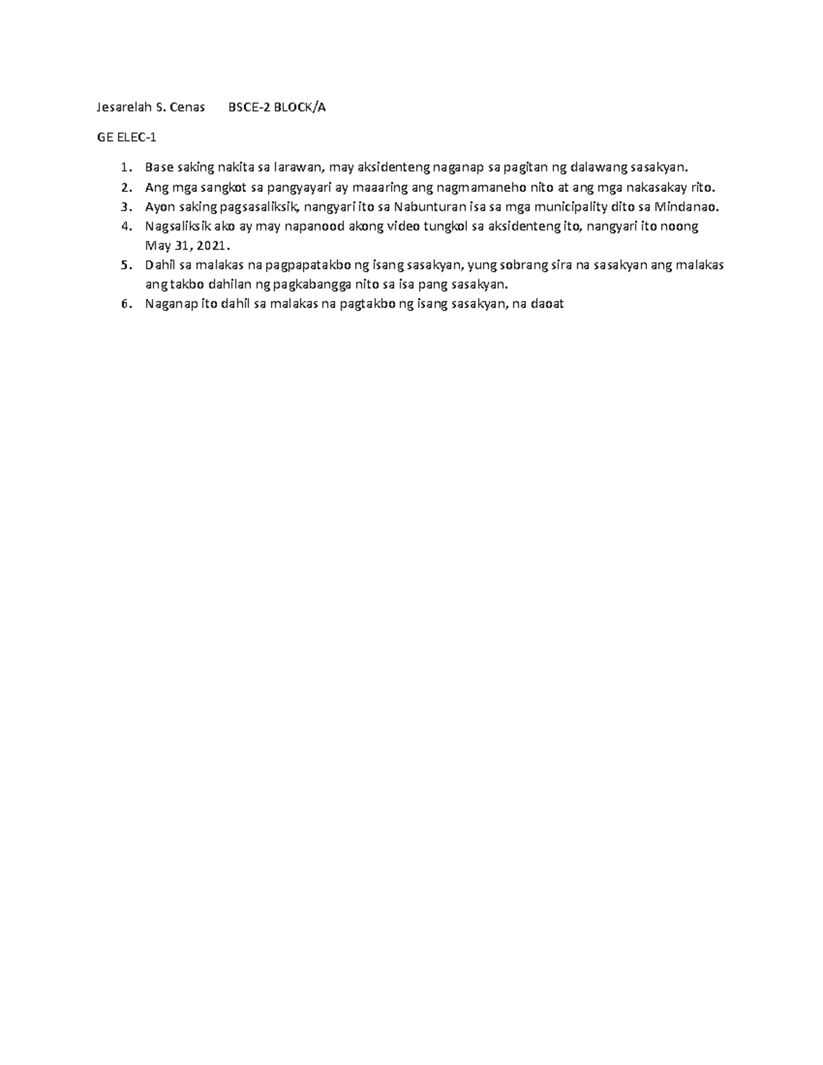 Assigned Individual Activity for 2nd Year Civil Engineering Students - Jesarelah S. Cenas BSCE-2 ...