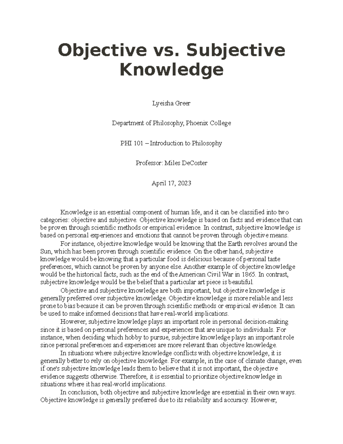 Objective vs. Subjective Knowledge - Objective vs. Subjective Knowledge ...