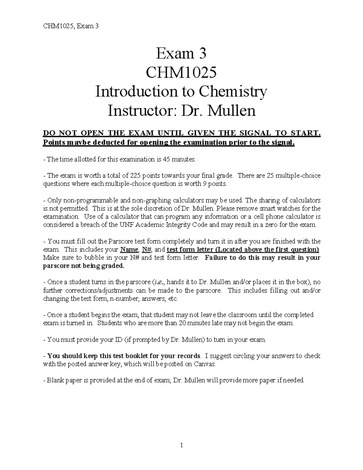 Exam 3 CHM1025 Fall2021 9-13 Instructions and Equations - CHM1025, Exam ...