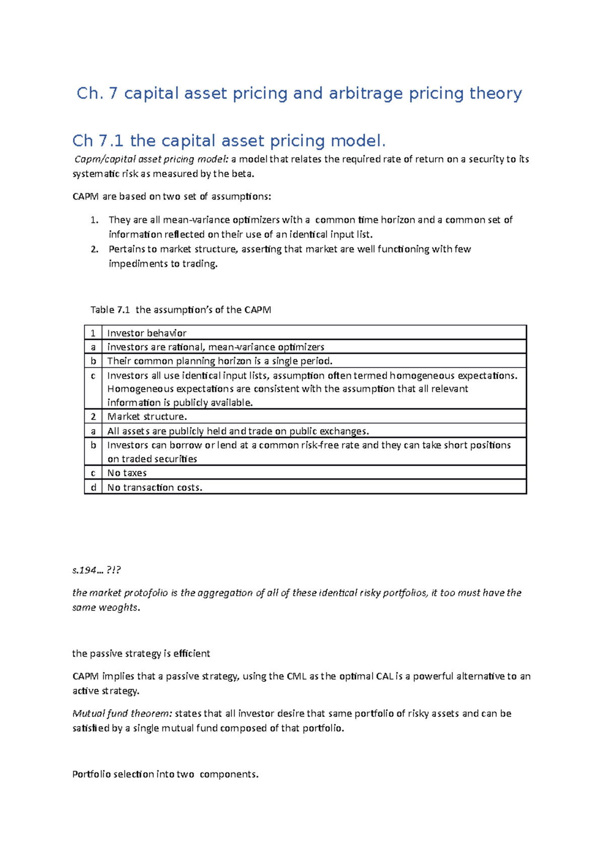 Chapter 07: Capital Assets pricing and arbitrage pricing therory - Ch ...