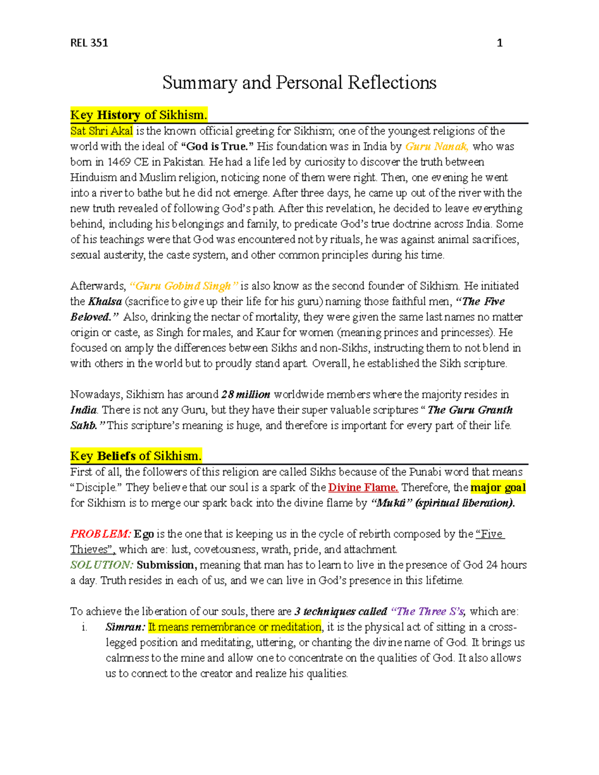 Sikhism Summary and Reflection Paper - REL 351 1 Summary and Personal ...