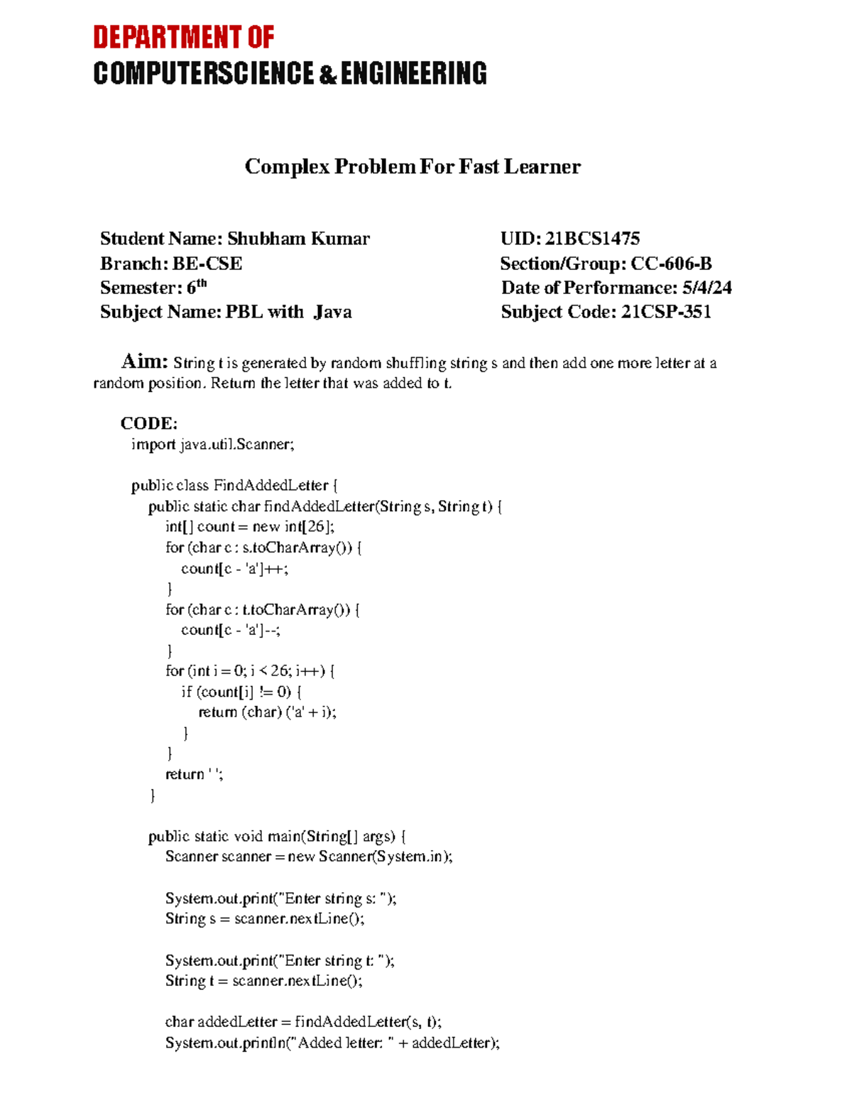 Shubhamcomplex - COMPUTERSCIENCE & ENGINEERING Complex Problem For Fast Learner Student Name ...