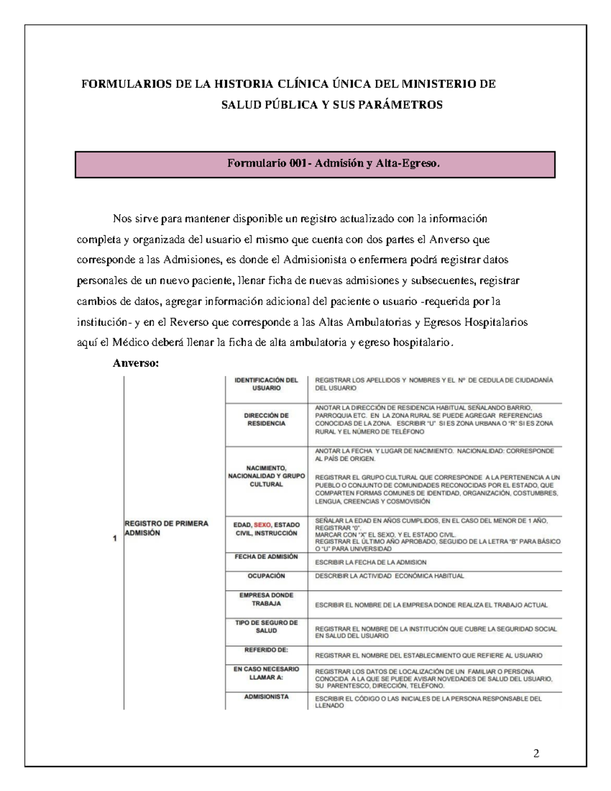 Formularios MSP- Cuarto - FORMULARIOS DE LA HISTORIA CLÍNICA ÚNICA DEL ...
