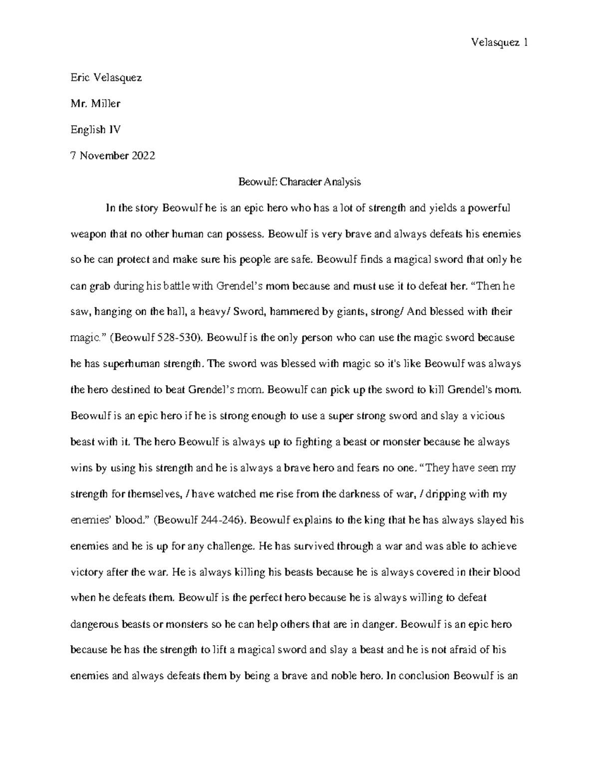 Beowulf Character Analysis - Velasquez 1 Eric Velasquez Mr. Miller ...
