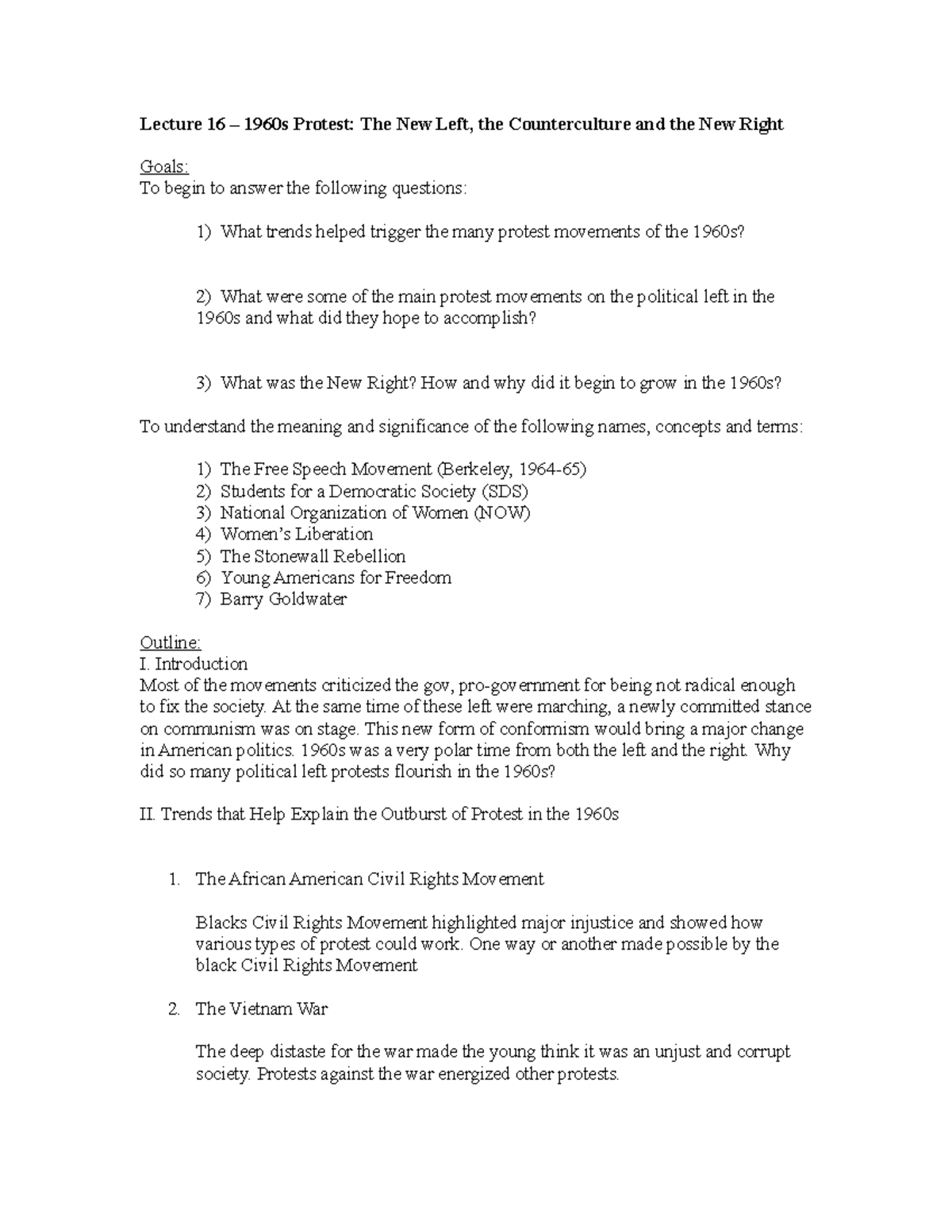 Lecture 16 1960s Protest Outline 2022 - Lecture 16 – 1960s Protest: The ...