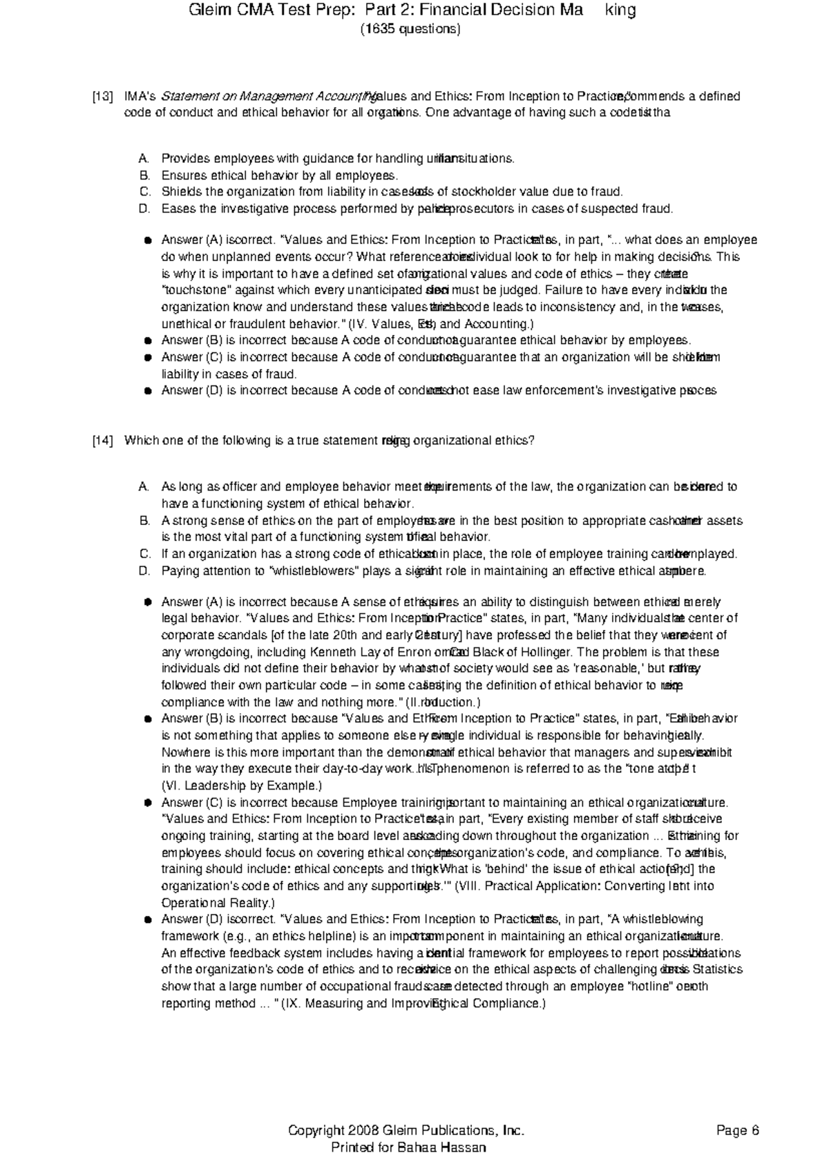 CMA USA Part 2 MCQ 1635 Gleim -5 - [13] IMA’s Statement on Management ...