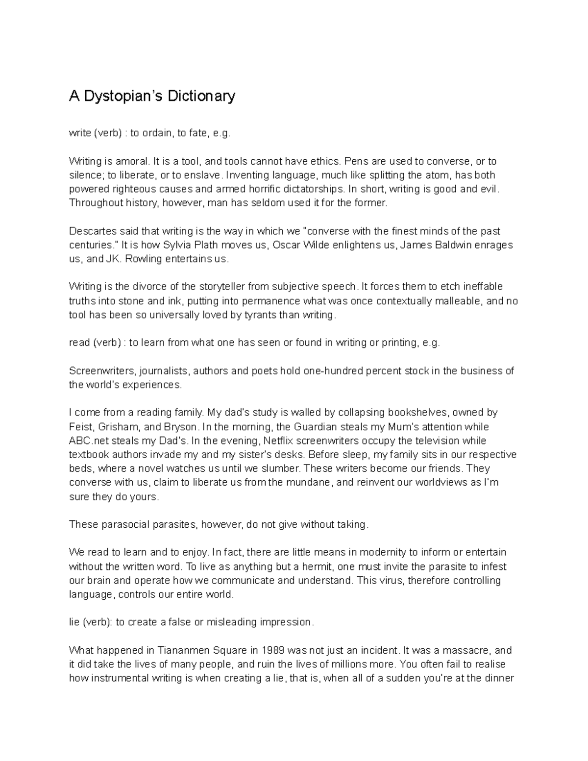 Module C HSC Discursive 20 20 - A Dystopian’s Dictionary write (verb ...