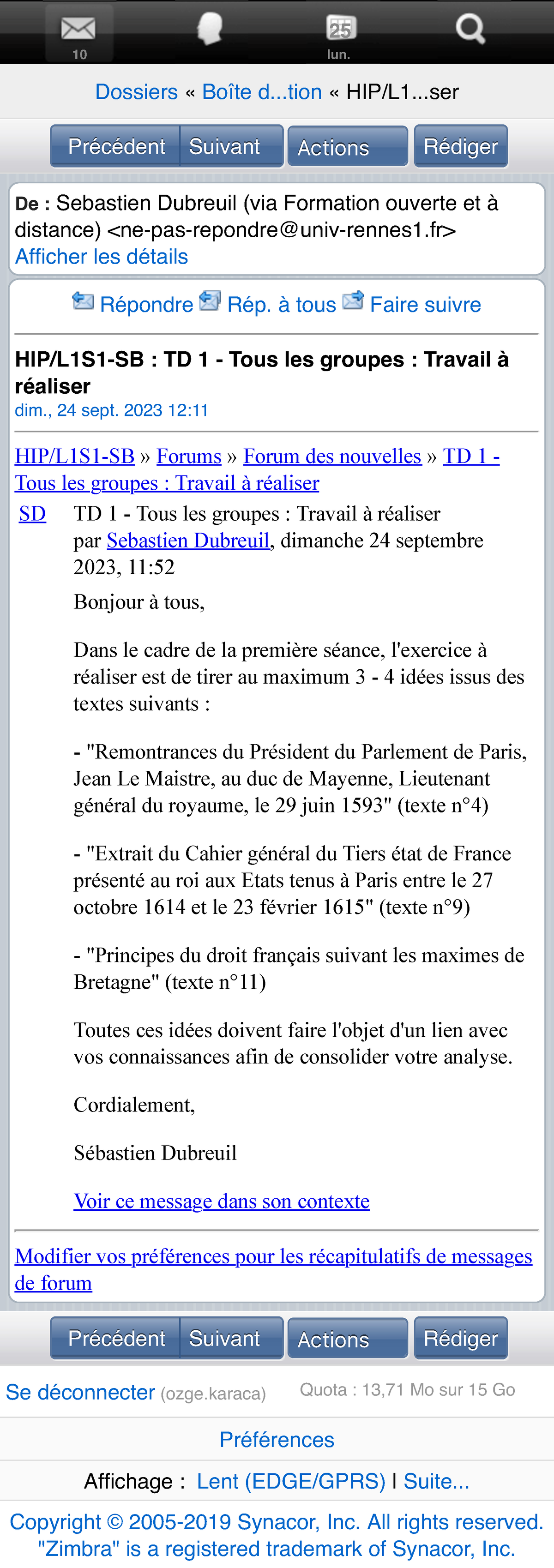 Partage HIPL1S1-SB TD 1 - Se déconnecter (ozge) Quota : 13,71 Mo sur 15 ...