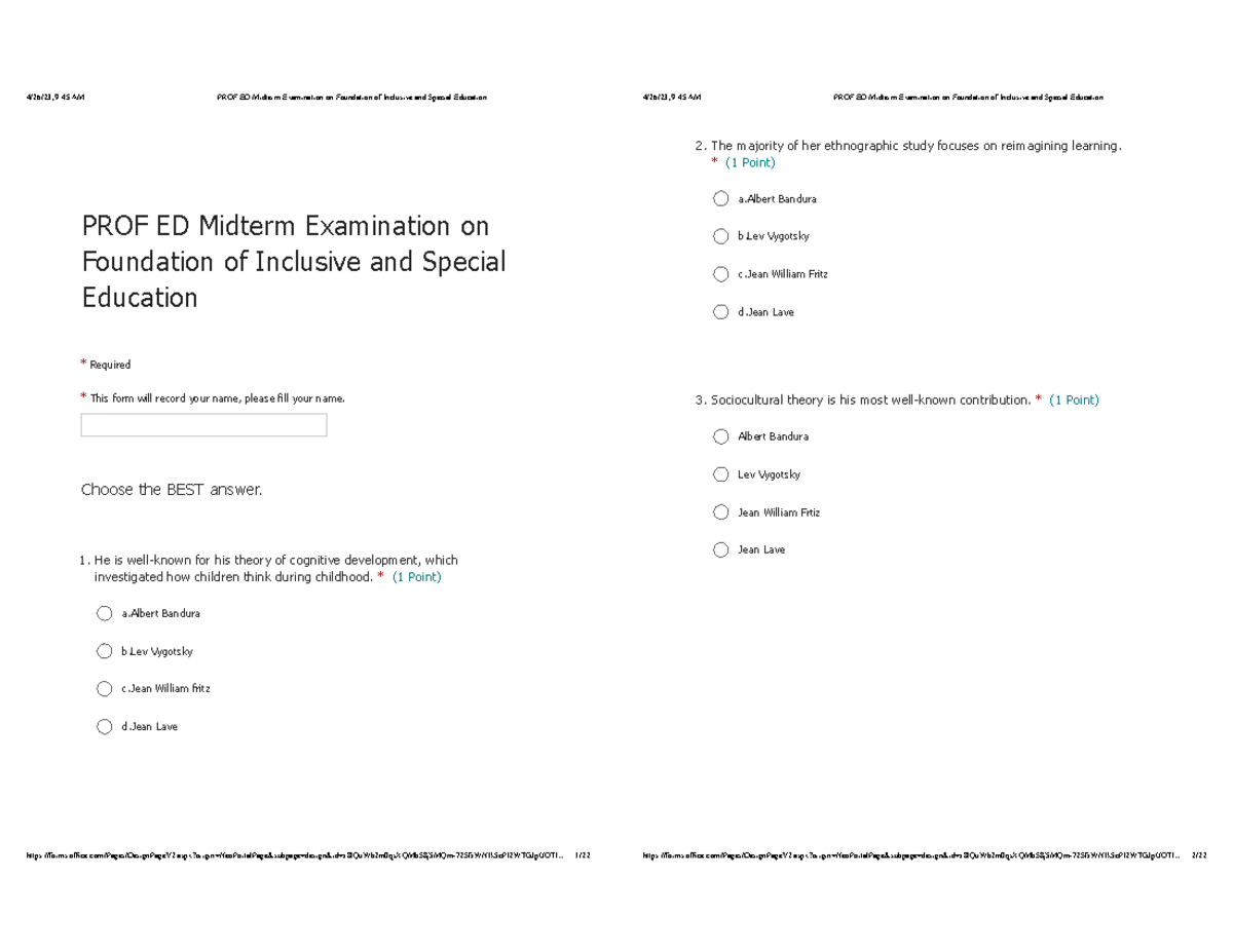 PROF ED Midterm Examination on Foundation of Inclusive and Special ...