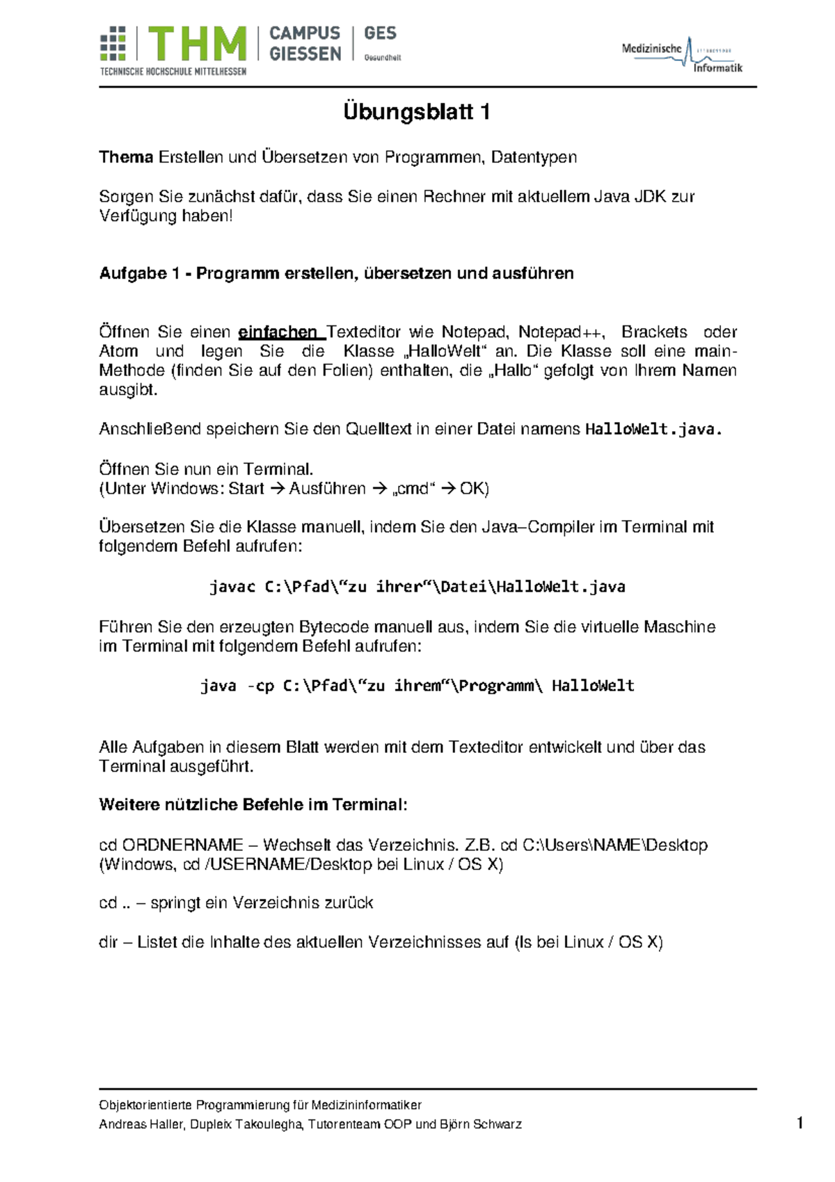 Übungsblatt 1 - Objektorientierte Programmierung für ...