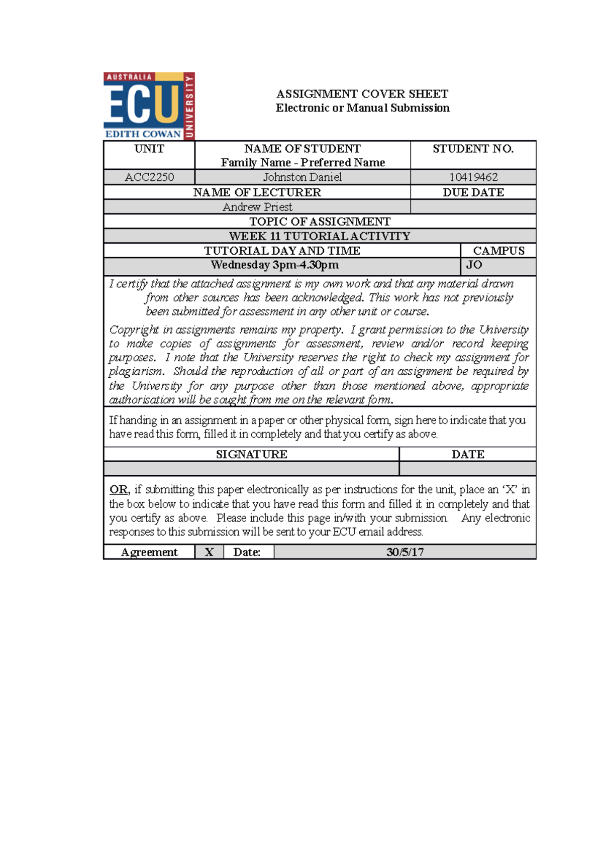 Acc2250 2017 Wk11 Tutorial Activity Assignment Cover Sheet Electronic Or Manual Submission