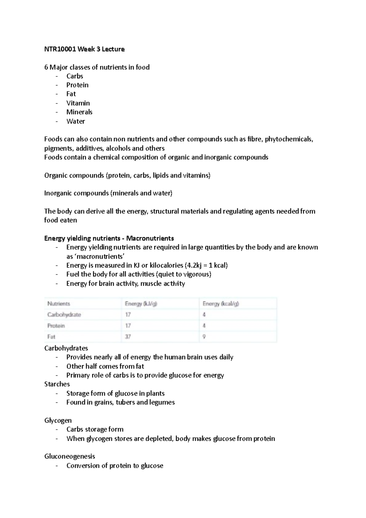 NTR10001 Week 3 Lecture - NTR10001 Week 3 Lecture 6 Major classes of ...