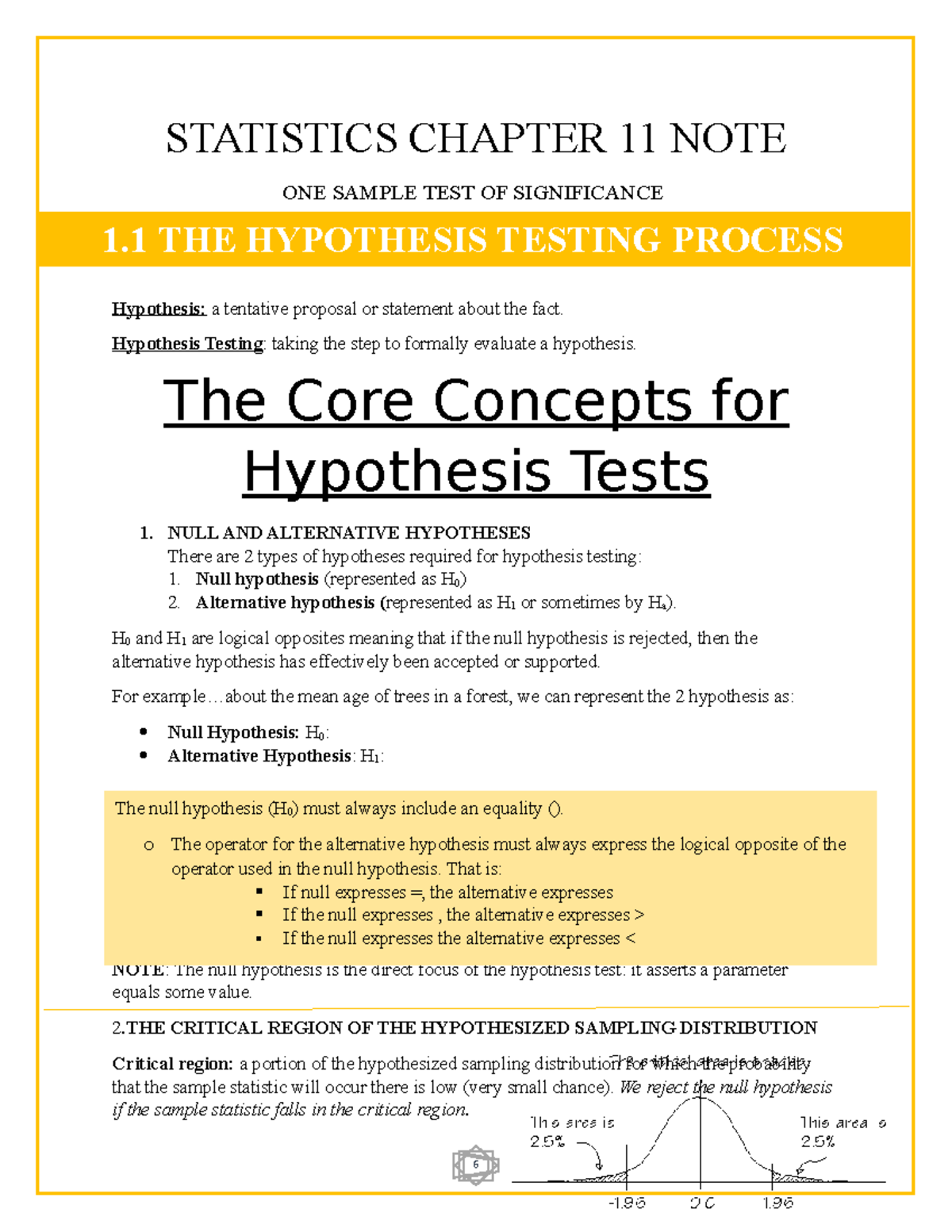 Statistics Chapter 11 NOTE - STATISTICS CHAPTER 11 NOTE ONE SAMPLE TEST ...