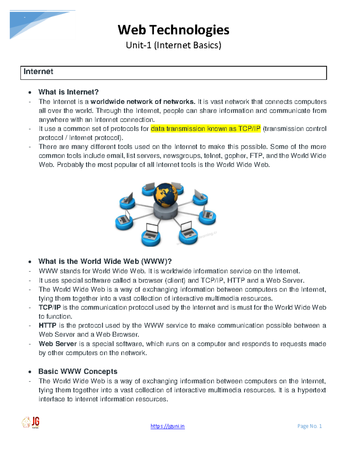 Web Technologies - Unit 1 (Part - 1) - Web Technologies Unit-1 (Internet Basics) Internet What ...