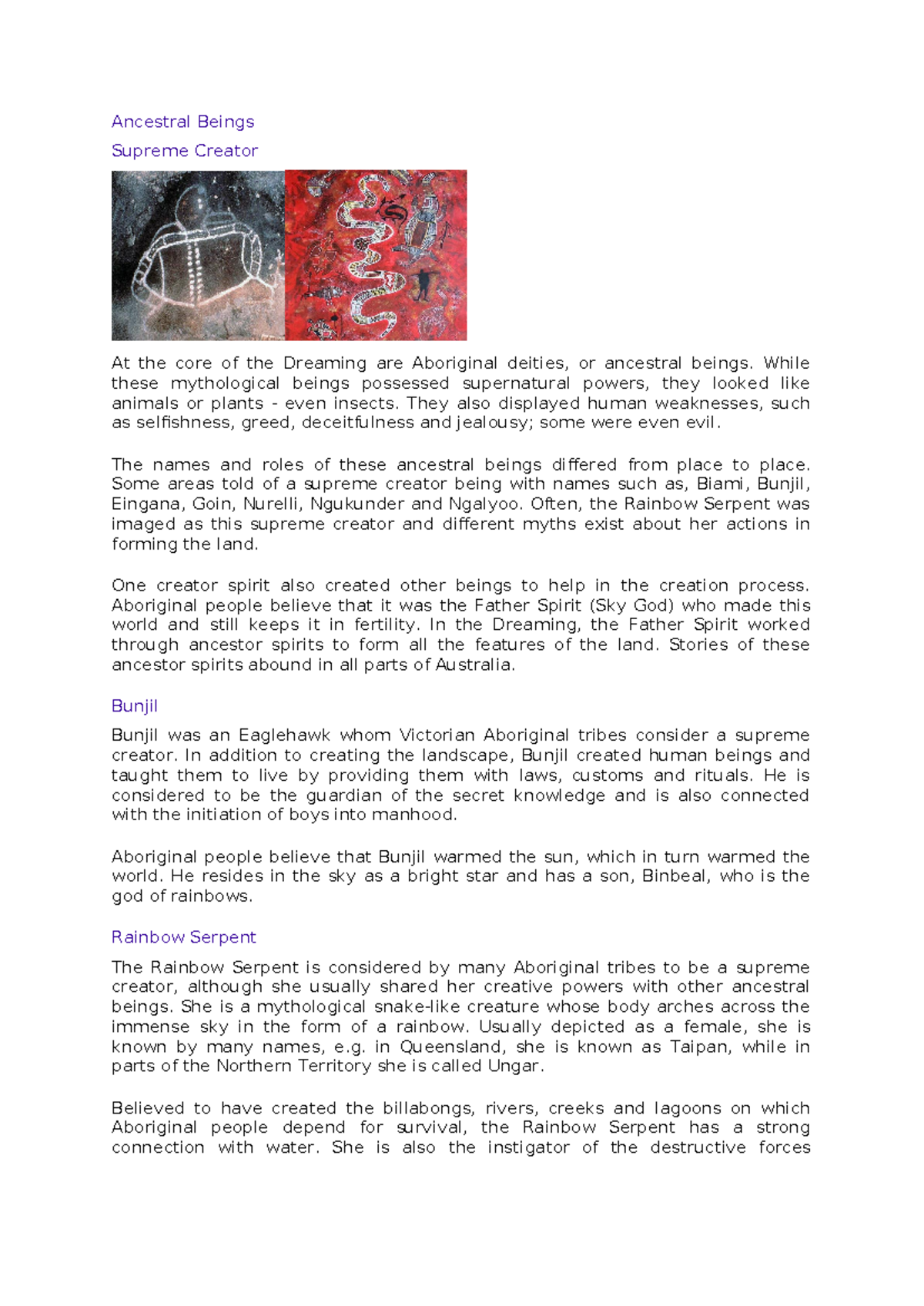 Ancestral Beings - Worksheet - Ancestral Beings Supreme Creator At the ...