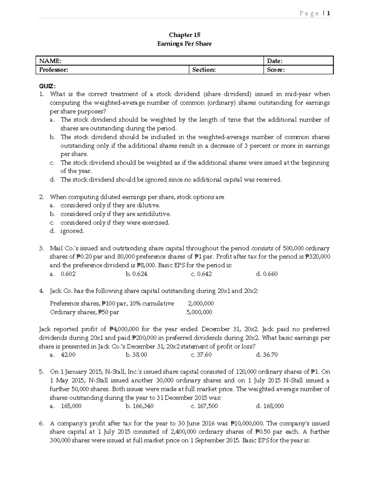 QUIZ Chapter 15 EPS 2021 - P a g e | 1 Chapter 15 Earnings Per Share ...