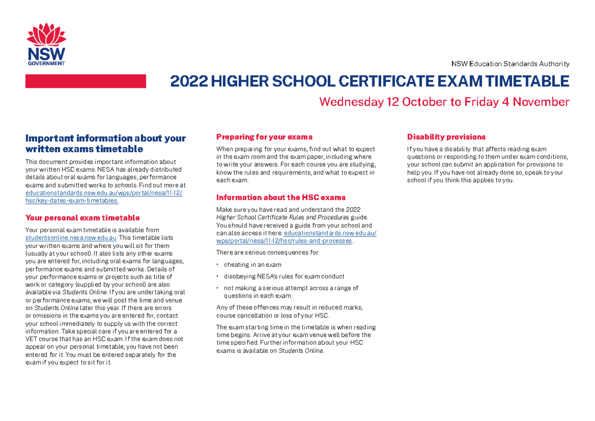 2022 hsc written exam timetable - 2022 HIGHER SCHOOL CERTIFICATE EXAM ...