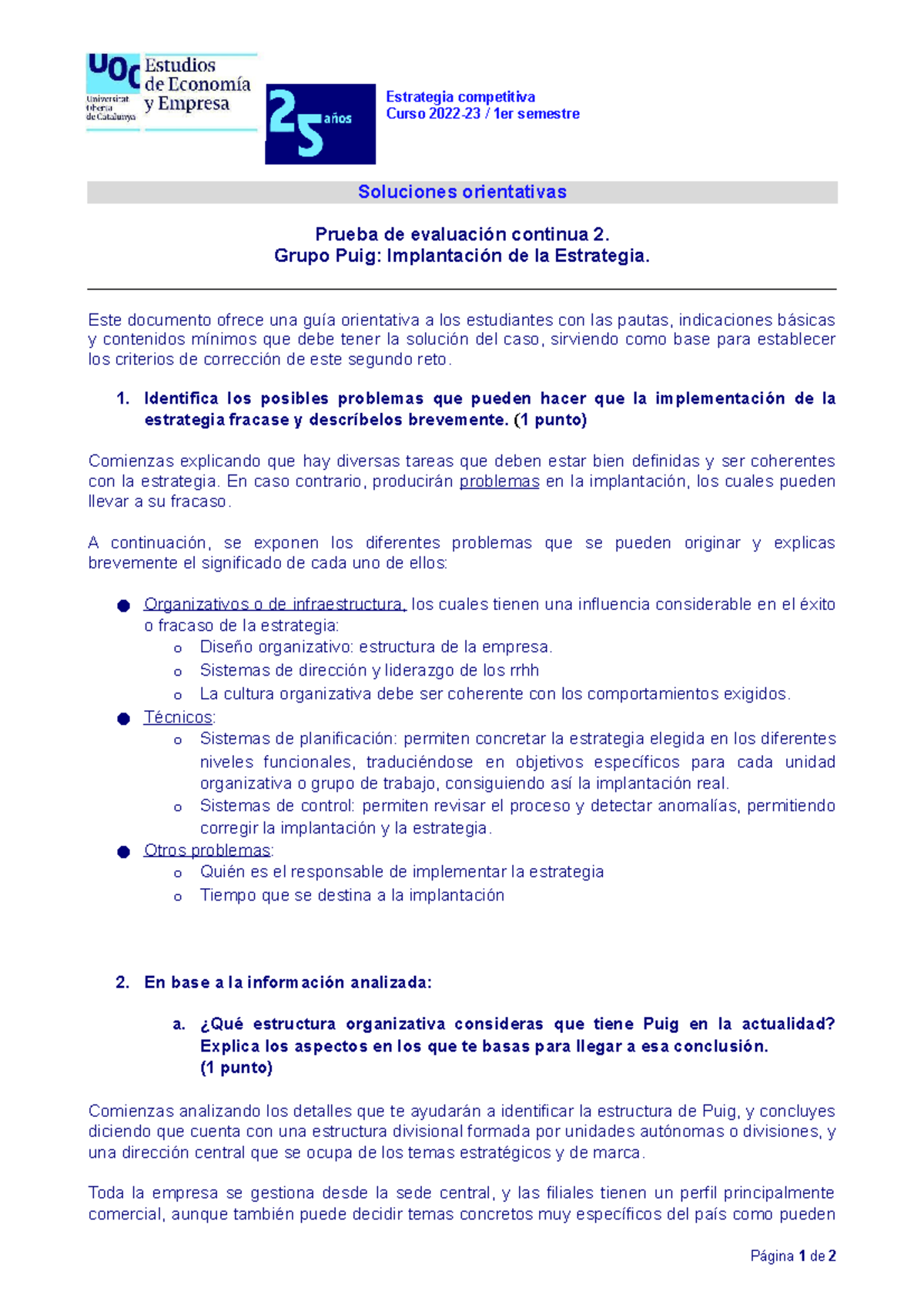 Estrategia Competitiva Sol PEC 2 PUIG - Estrategia competitiva Curso 2022-23 / 1er semestre ...
