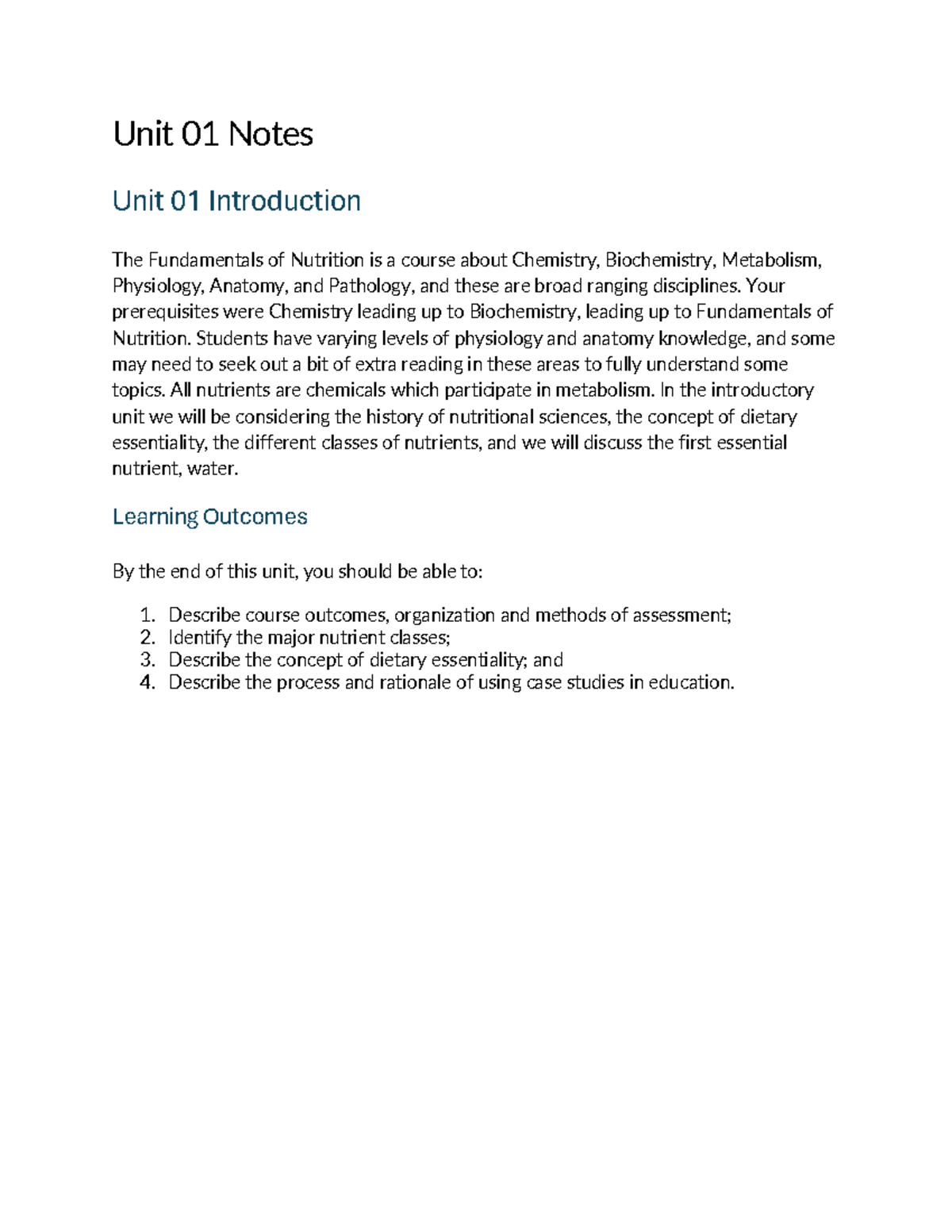 Nutrition notes first half - Unit 01 Notes Unit 01 Introduction The ...