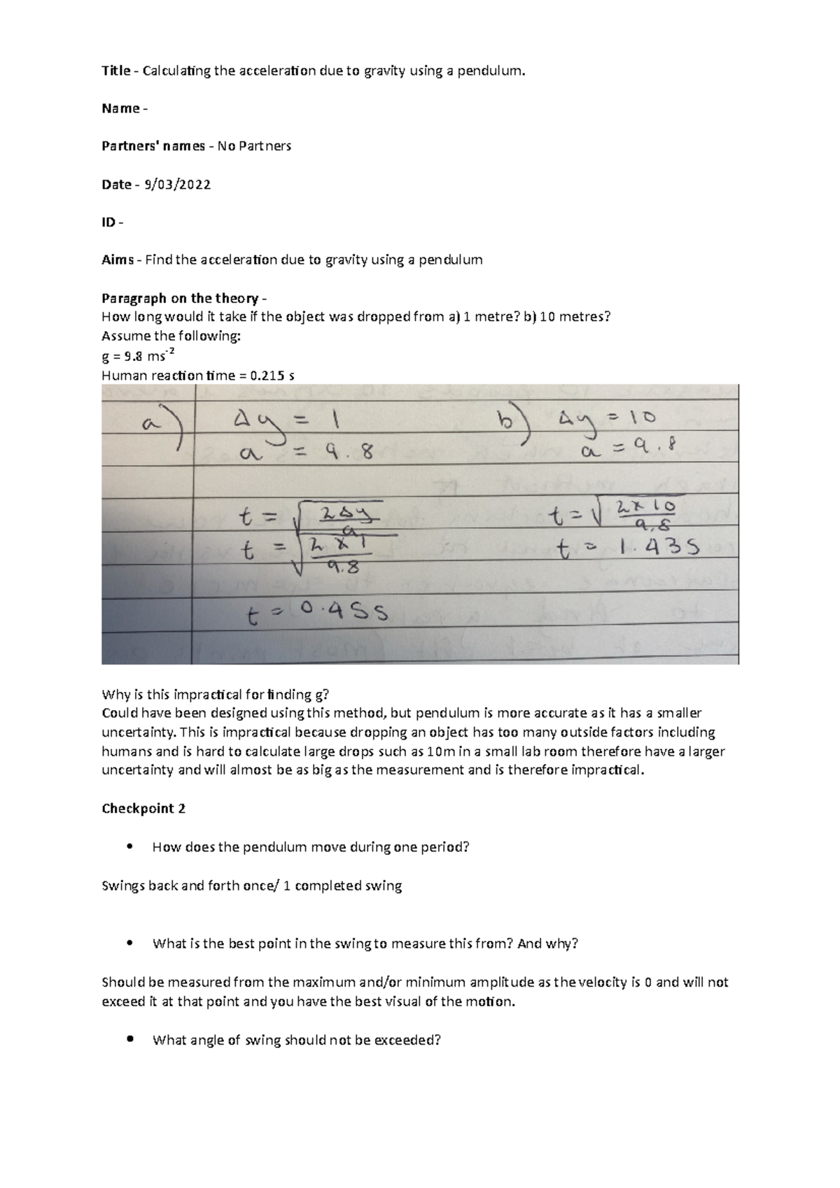 Lab 2 - lab 2 - Title - Calculating the acceleration due to gravity ...