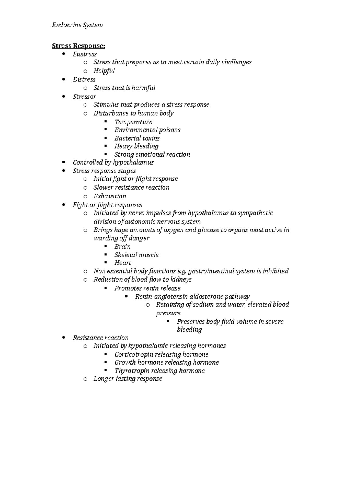 Stress Response Lecture Notes - Endocrine System Stress Response ...