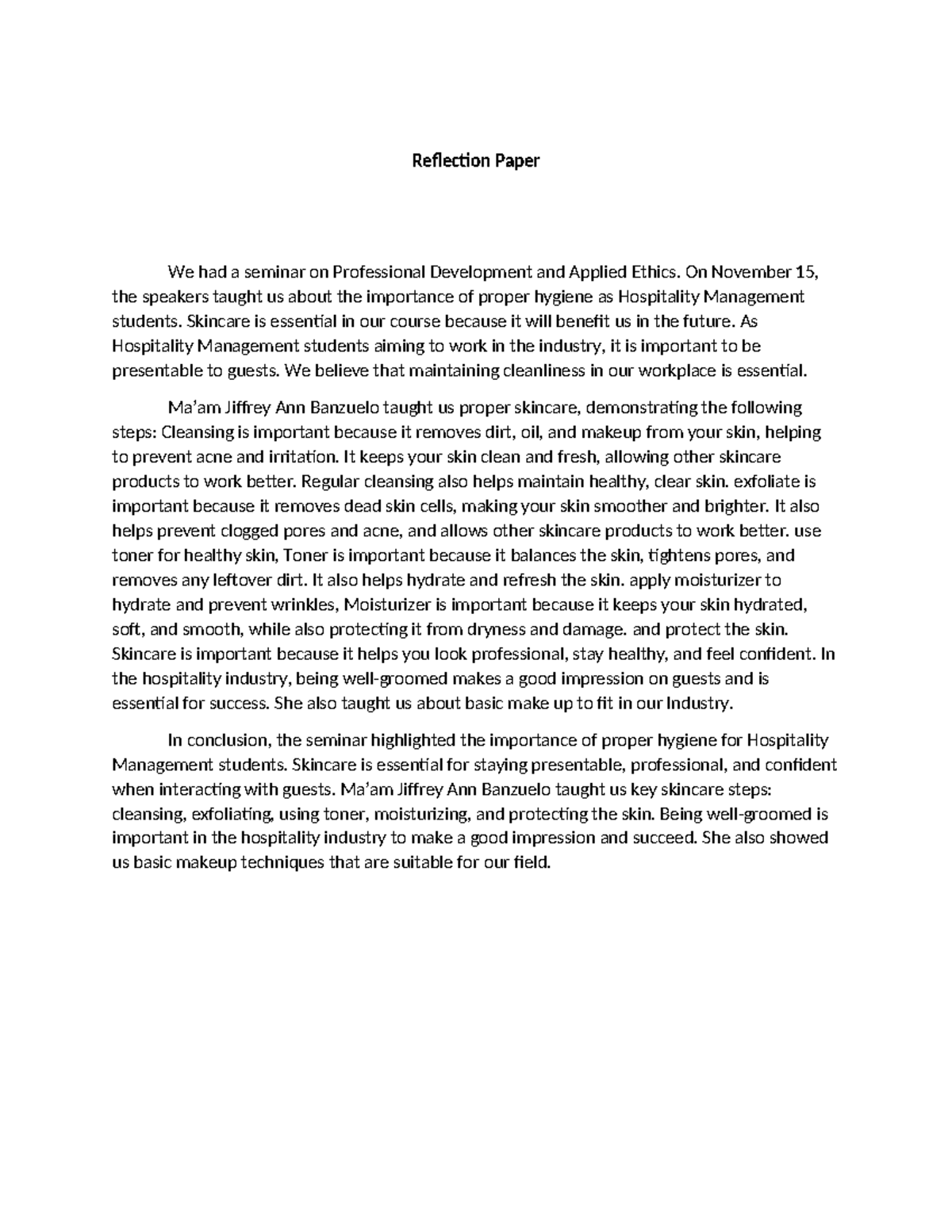 Reflection Paper on Prof dev - Reflection Paper We had a seminar on ...