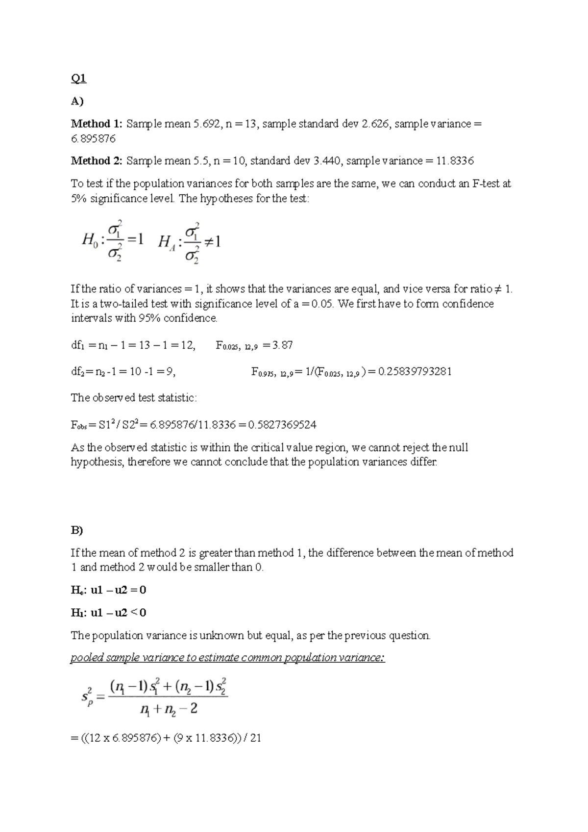 QM2 Assignment 2 2 - Q A) Method 1: Sample mean 5, n = 13, sample ...
