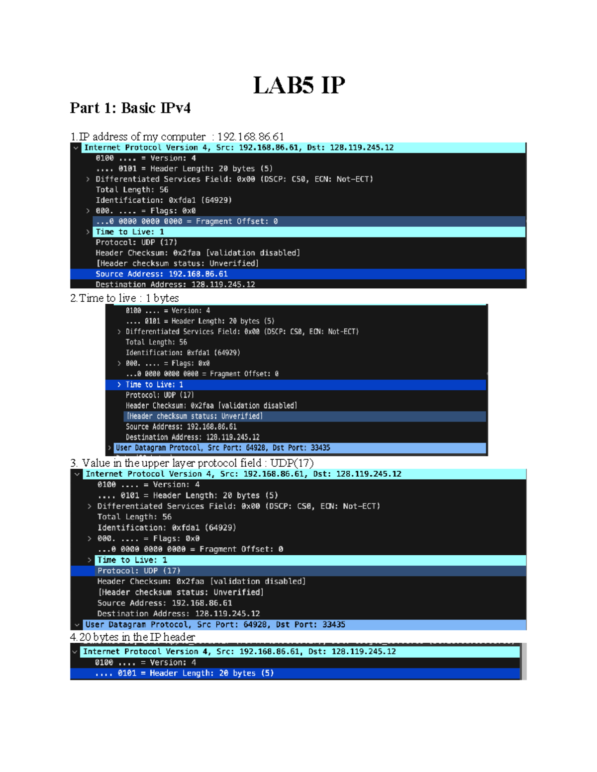 Lab5 Đoàn Ngọc Thắng 20 Dtclc 1 - LAB5 IP Part 1: Basic IPv 1 address of my computer : 192.168 ...