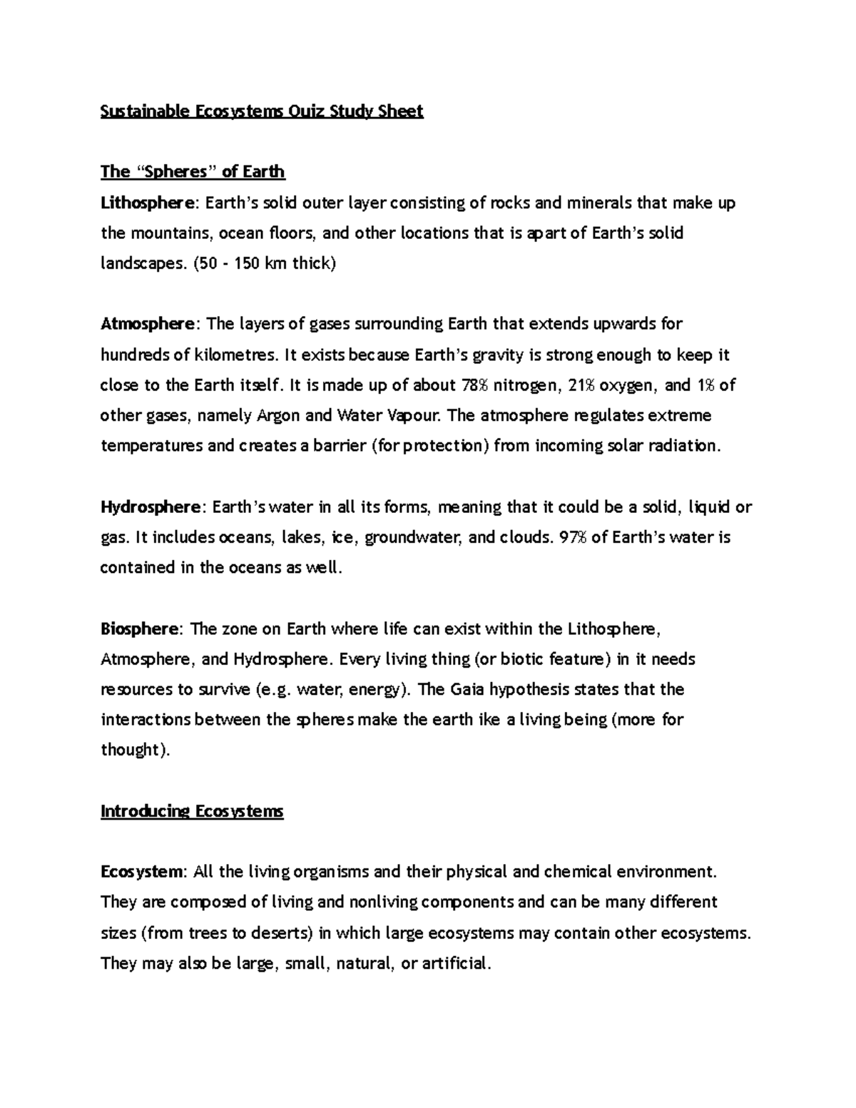 Ecology Study Sheet Part 1 - Sustainable Ecosystems Quiz Study Sheet ...