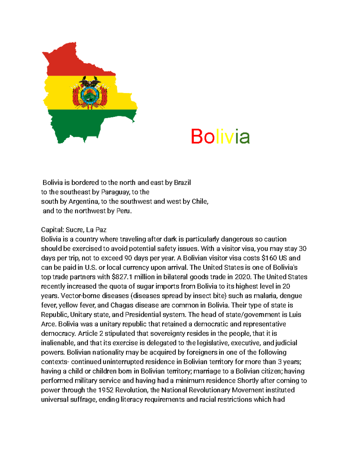 Bolivia - Project - Bolivia Bolivia is bordered to the north and east ...
